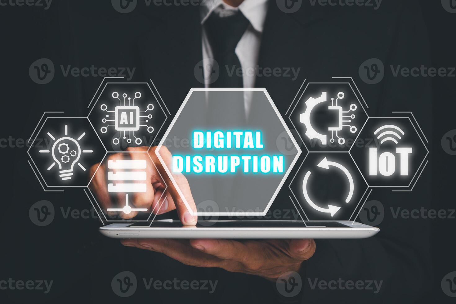 Digital Disruption concept, Business hand using tablet with Digital Disruption icon on virtual ...