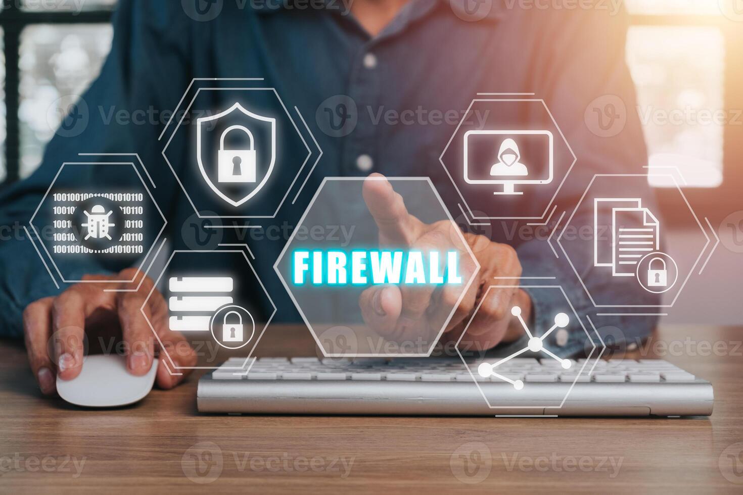 Firewall Computing Security Concept Person Working On Computer With Firewall Icon On Virtual
