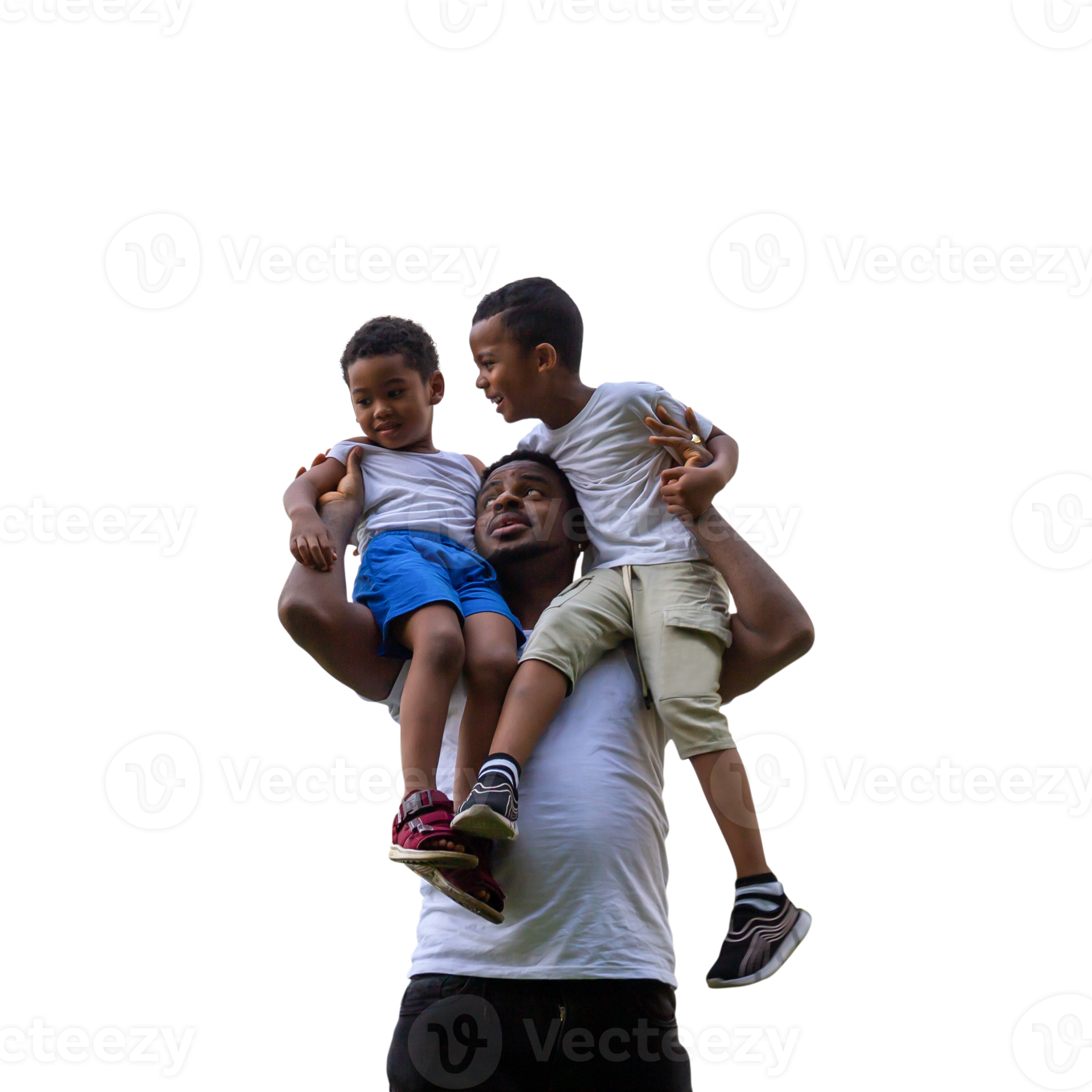 Father carrying two sons on shoulders, African American kids on the shoulders of his father ...