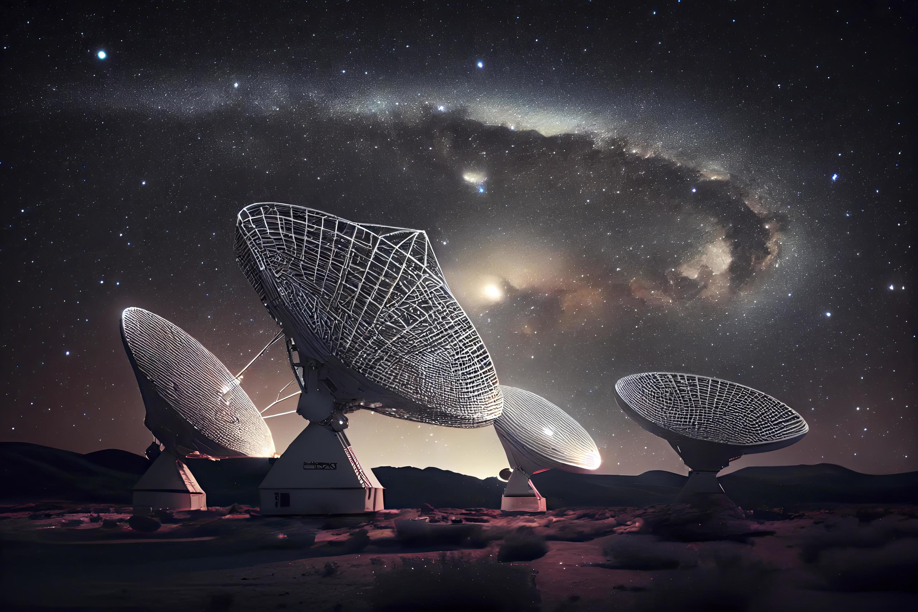 Astronomy deep space radio telescope arrays at night pointing into ...