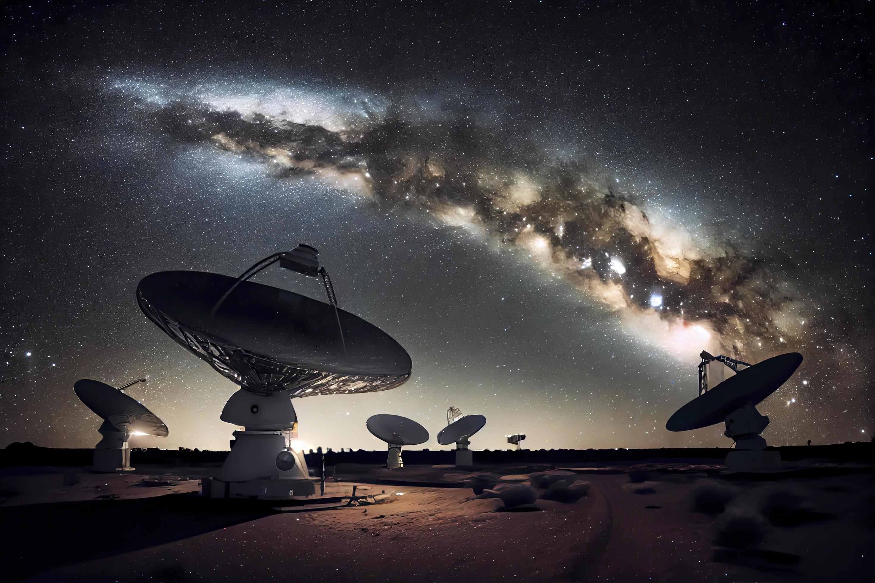 Astronomy deep space radio telescope arrays at night pointing into ...