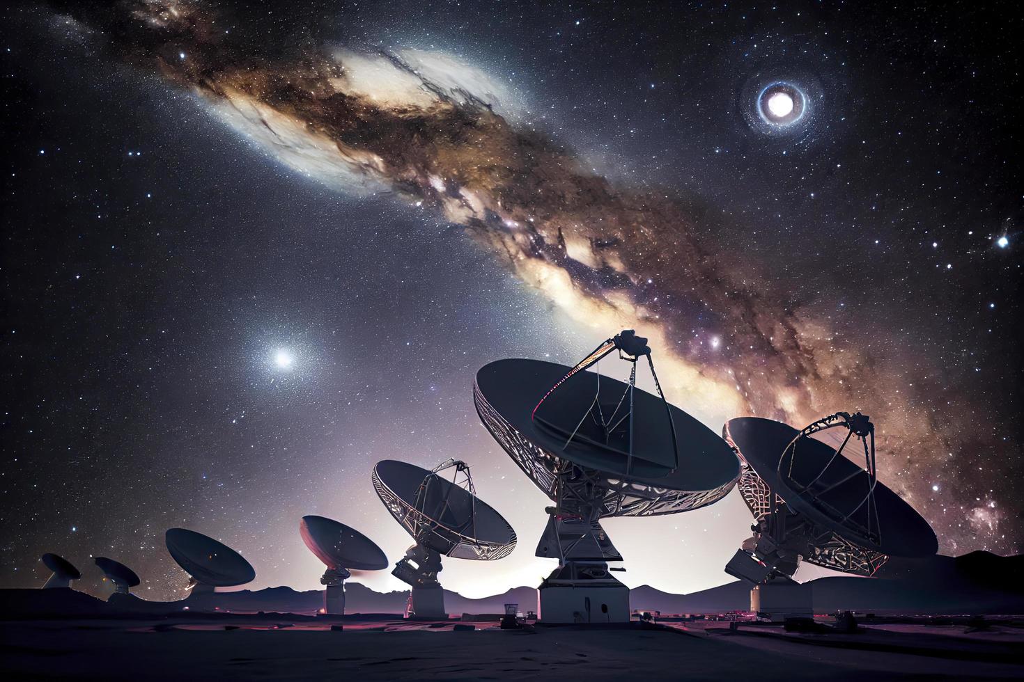 Astronomy deep space radio telescope arrays at night pointing into ...