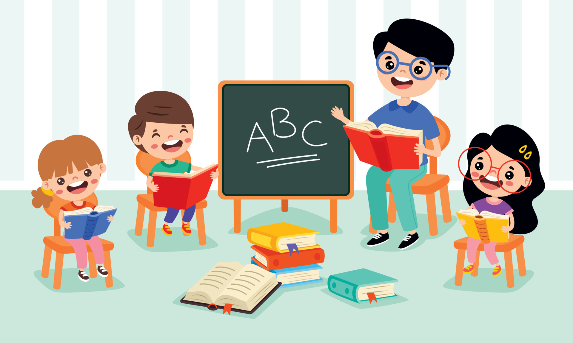 Cartoon Teacher And Children