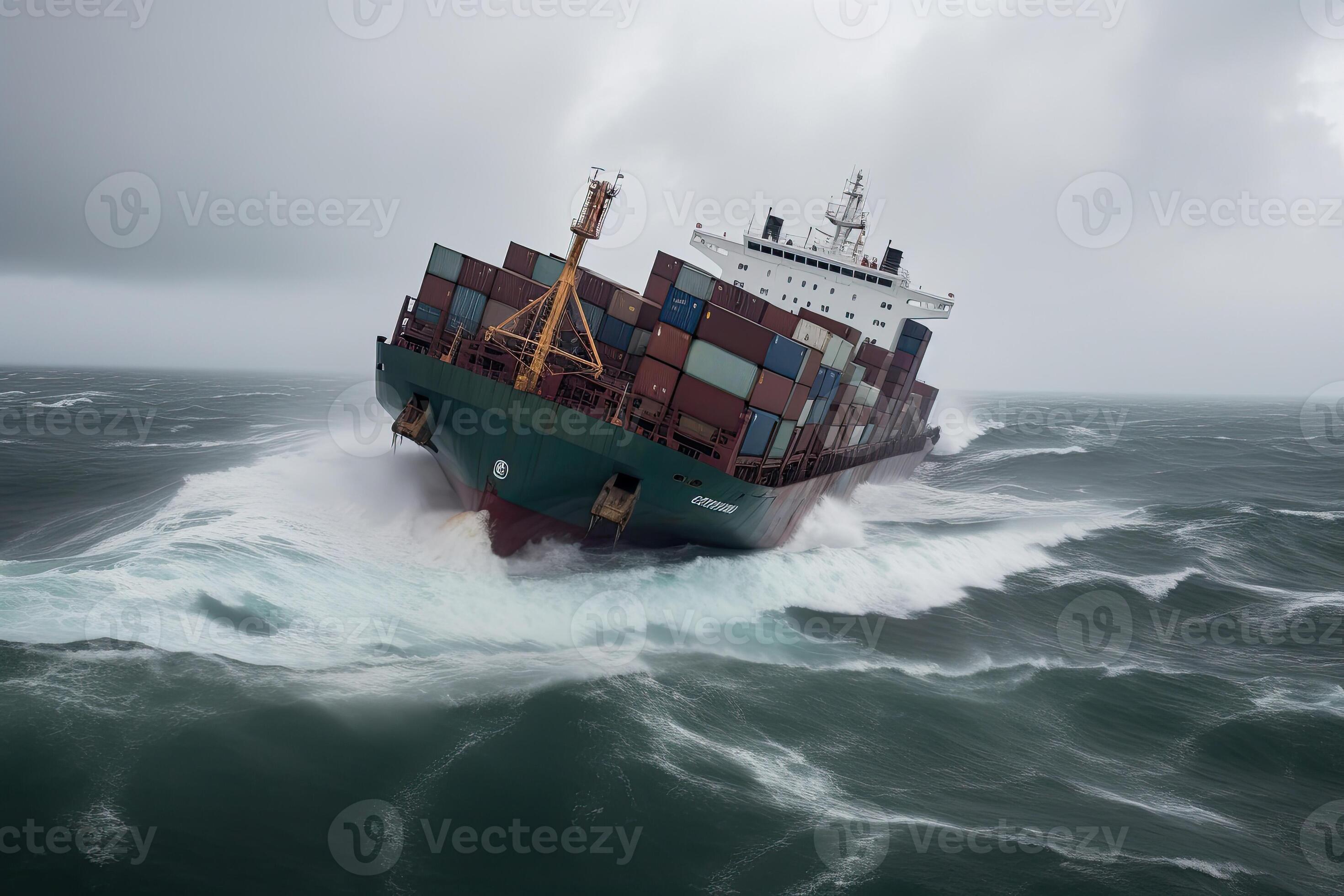 Wrecked cargo ship with conatiners in stormy sea with large waves ...
