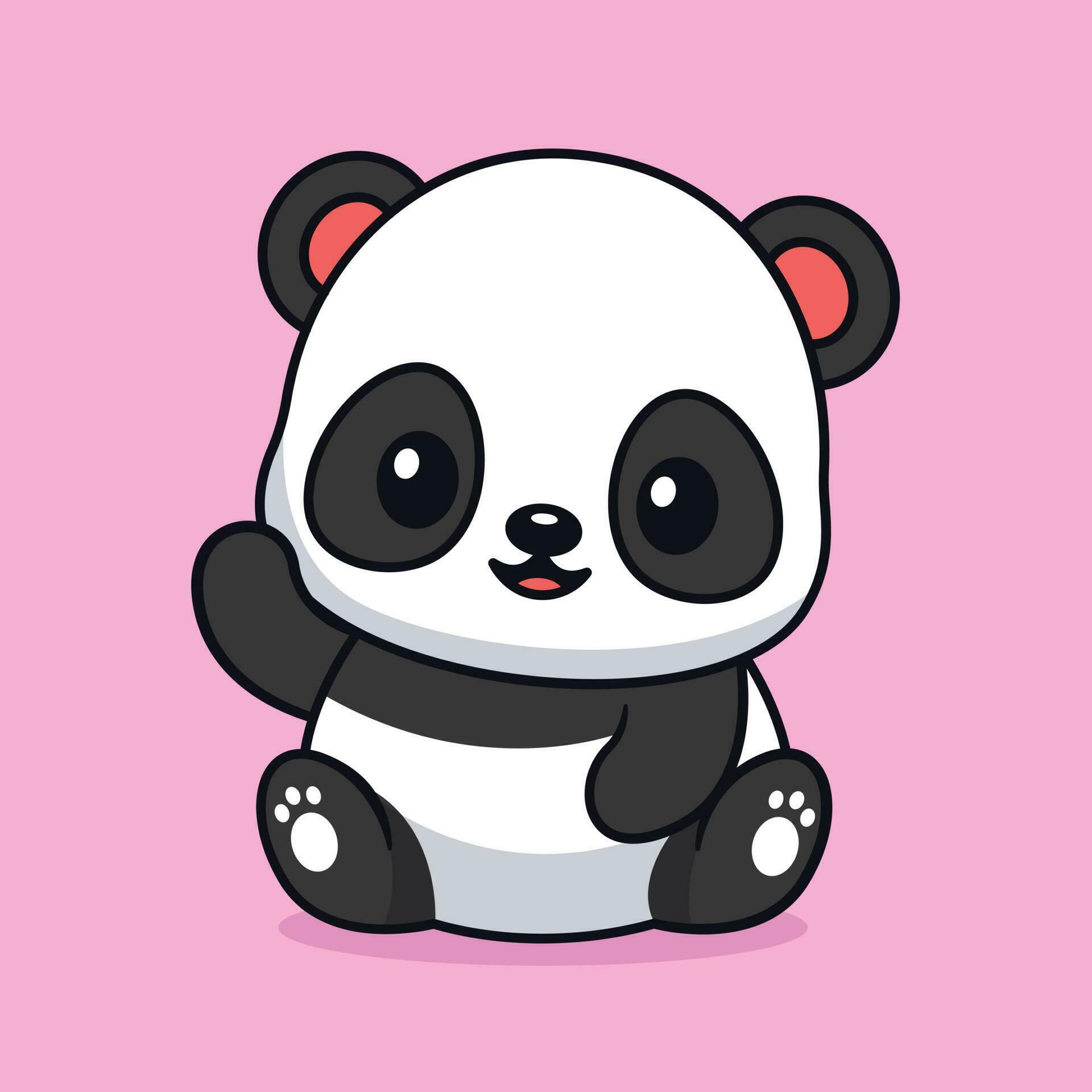 Linda Kawaii Bebé Panda Sentado Levantamiento Mano Dibujos Animados