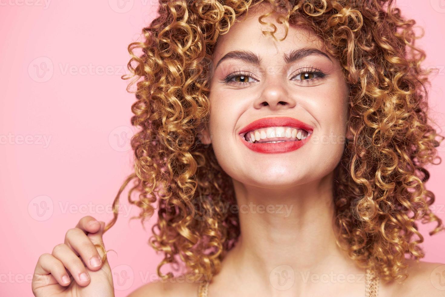 Stylish Girl Wide Smile With Curly Hair Bright Makeup Background