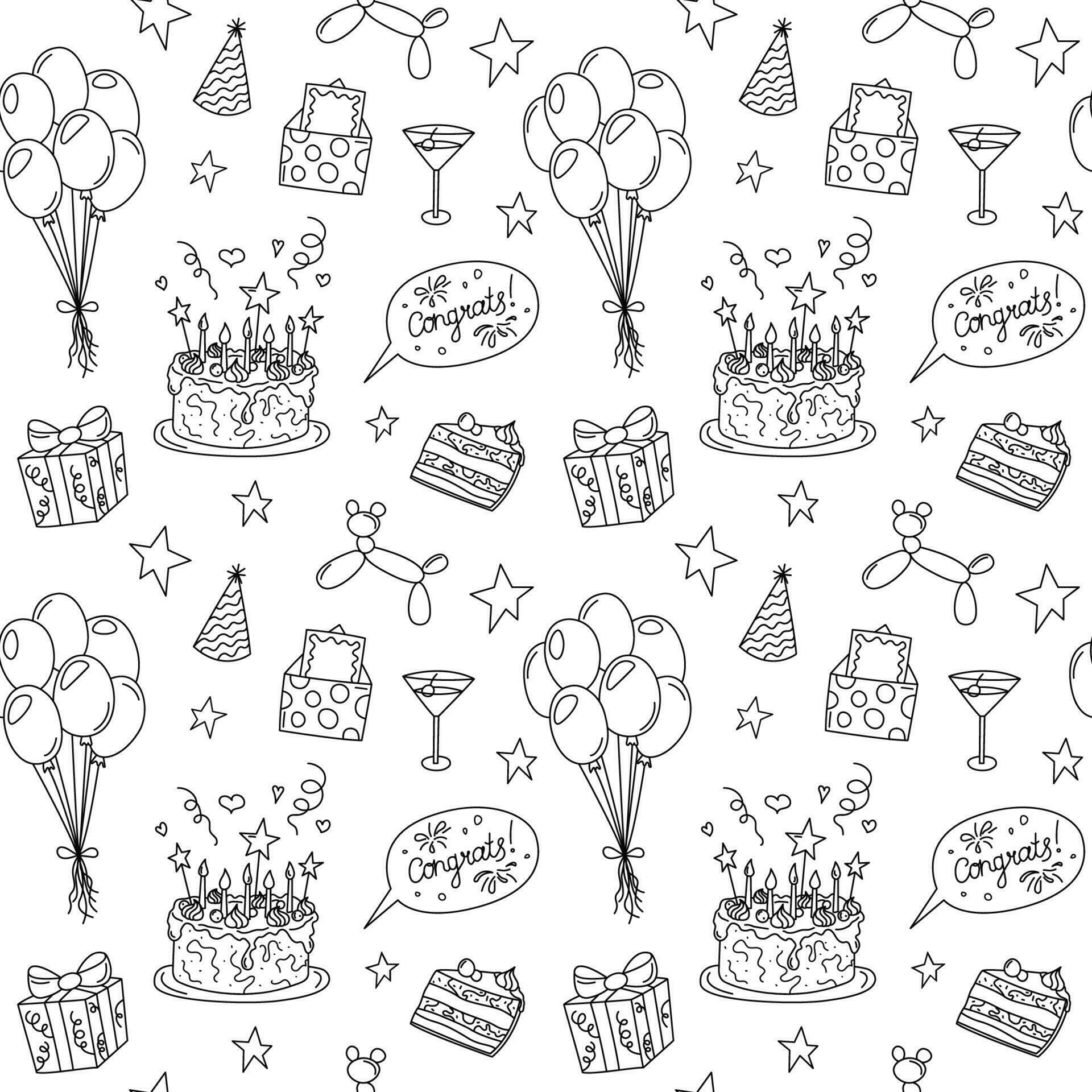 Birthday doodles pattern. Seamless vector black and white background ...