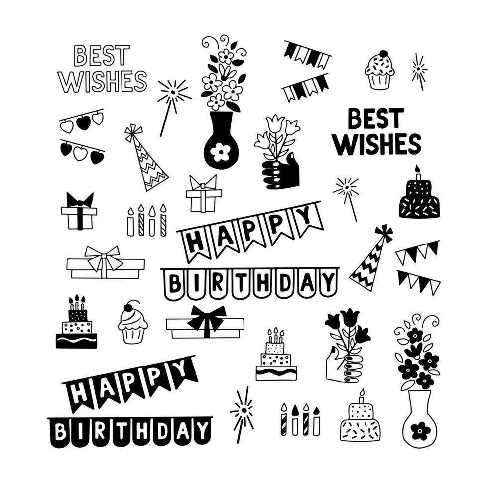 Childish hand drawn outline happy birthday elements set. Vector doodle ...