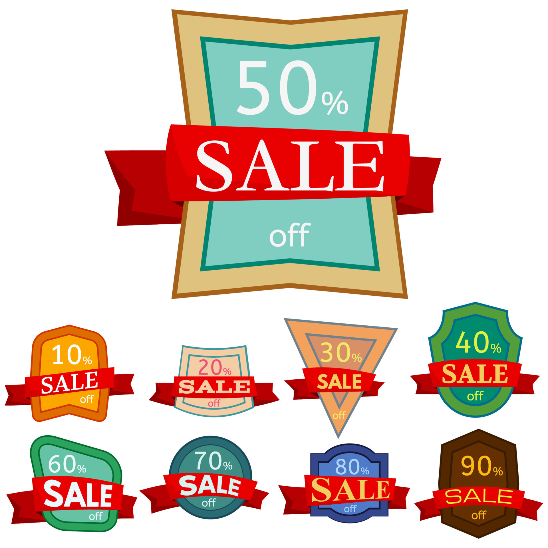 Set of different nine discount stickers. Colorful badges with red ribbon for sale 10 - 90 ...