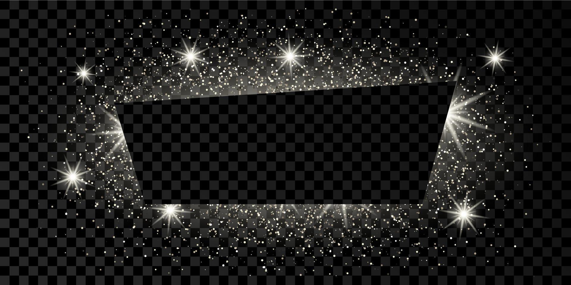 Silver trapezium frame with glitter, sparkles and flares on dark background. Empty luxury ...
