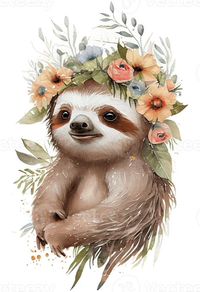 Watercolor cute hand drawn sloth, Sloth in floral wreath, flowers ... Watercolor cute hand drawn sloth, Sloth in floral wreath, flowers ...