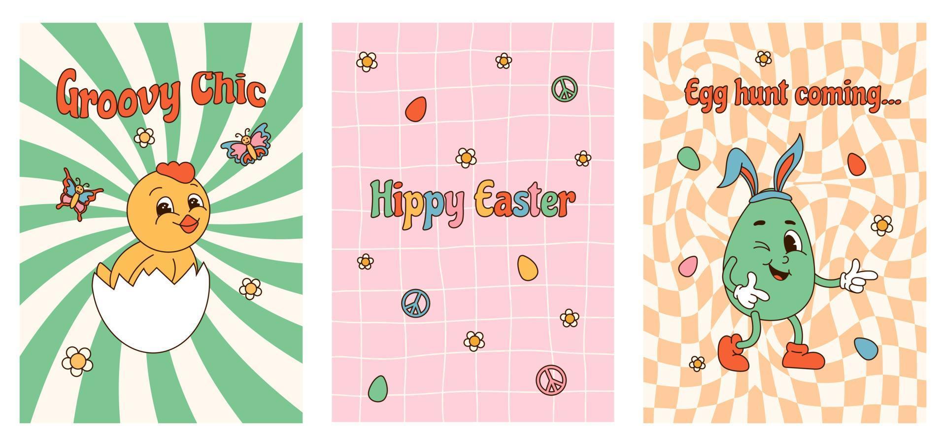 Set posters or cards for Happy Easter. Groovy egg characters in retro ...