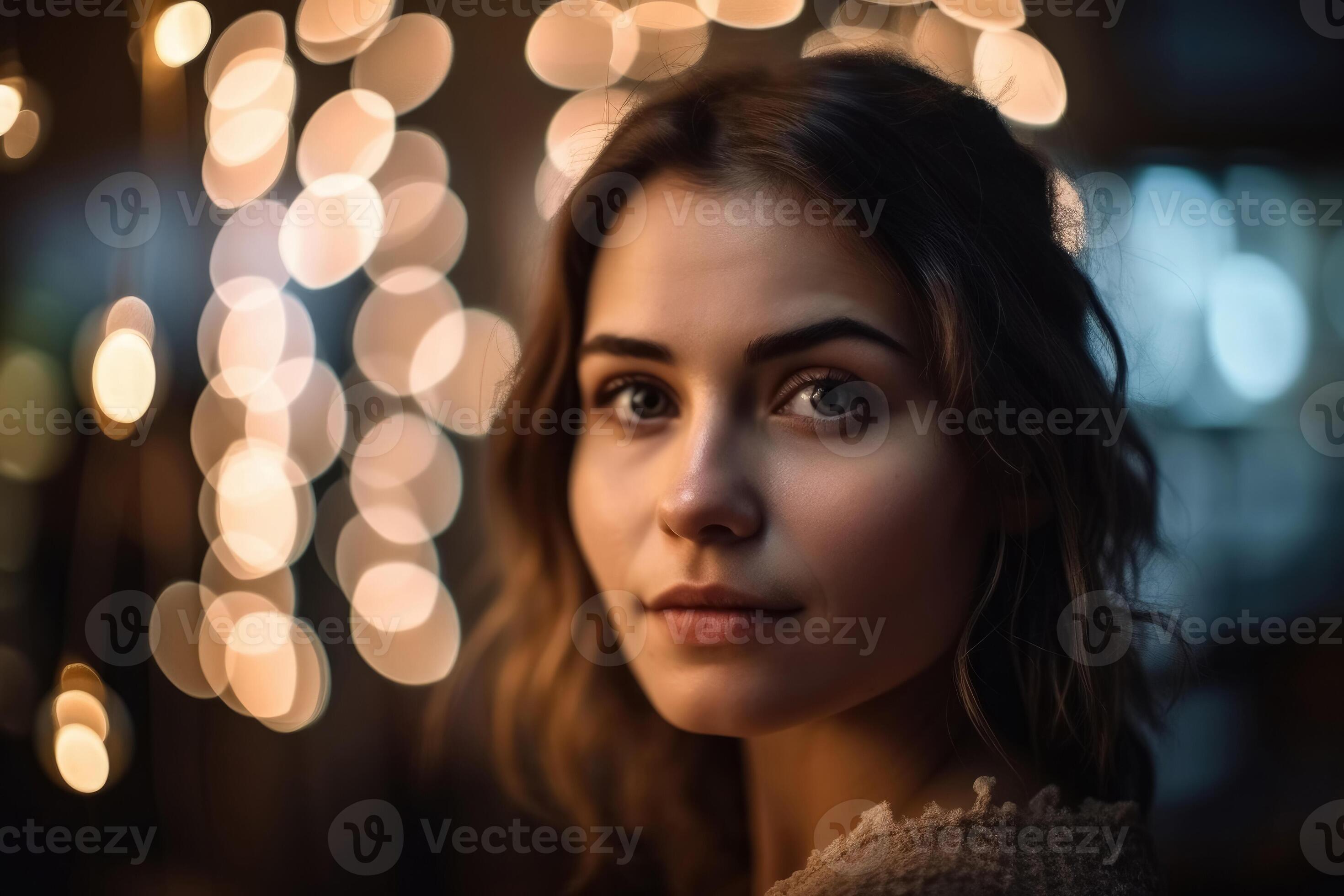 A beautiful portrait of a young woman with soft bokeh lights created with technology. 22568894 ...