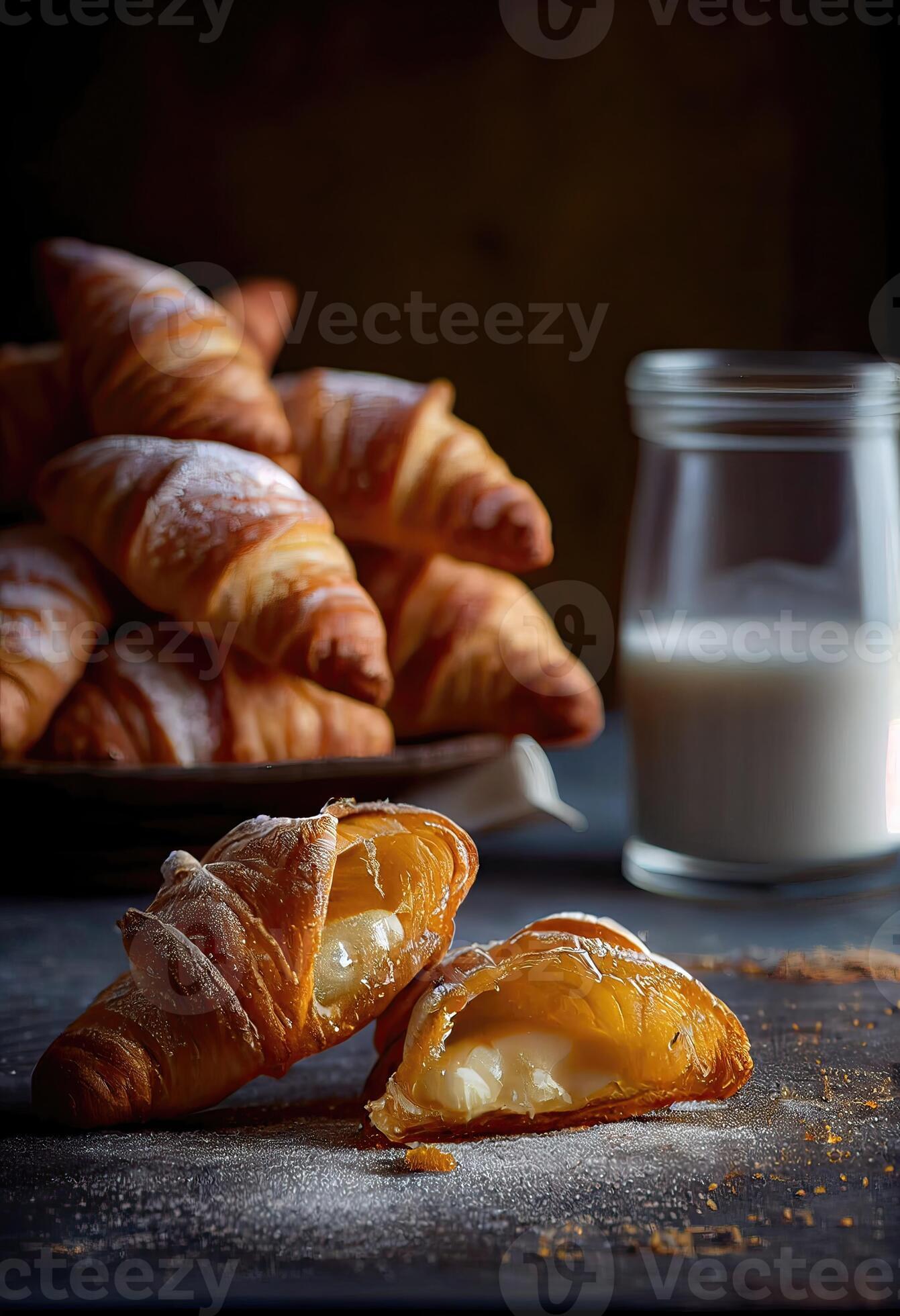 Tasty croissants on black background. Delicious breakfast with fresh croissants. set of freshly ...