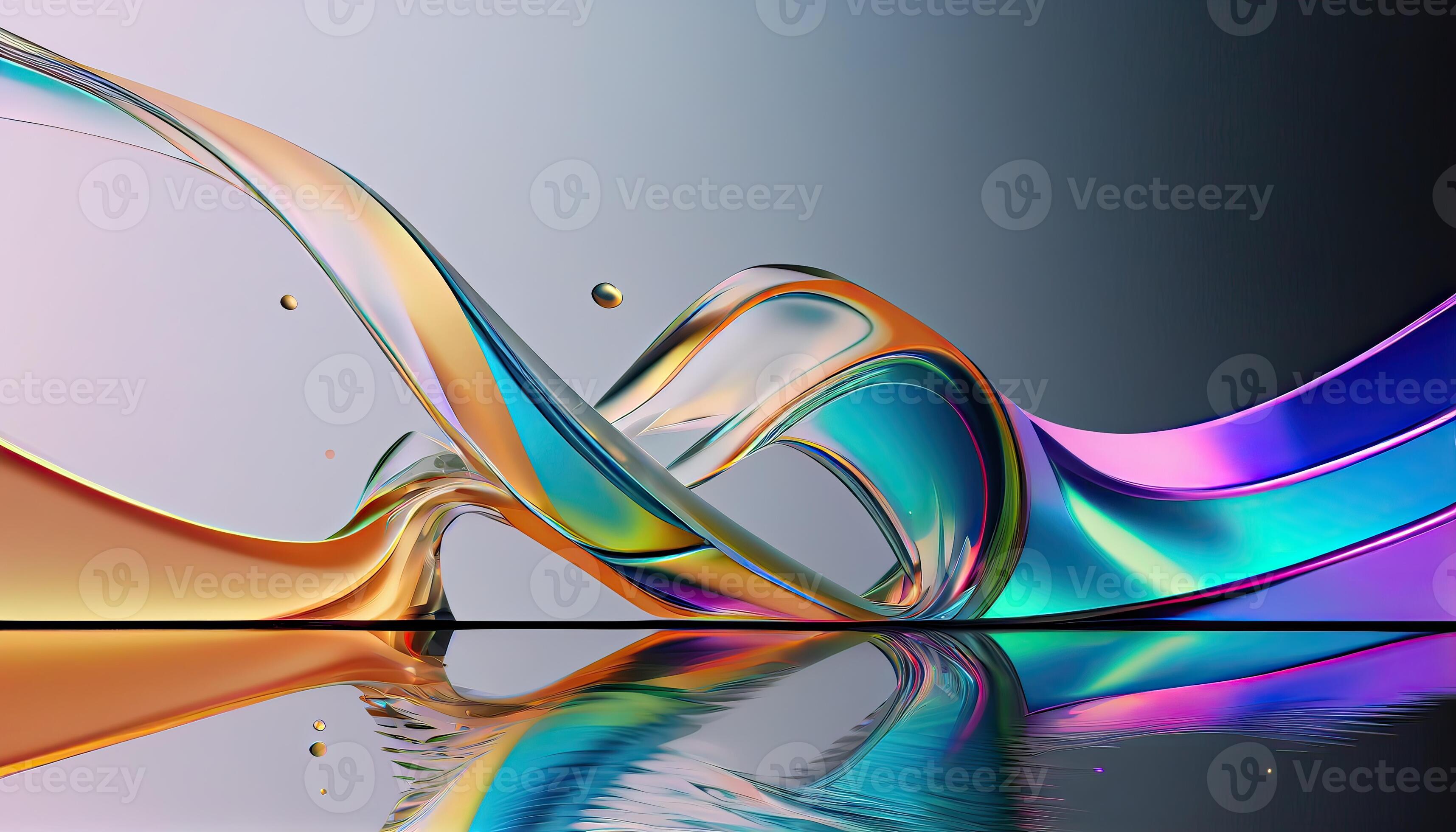 3d render abstract background in nature landscape. Transparent glossy glass ribbon on water ...