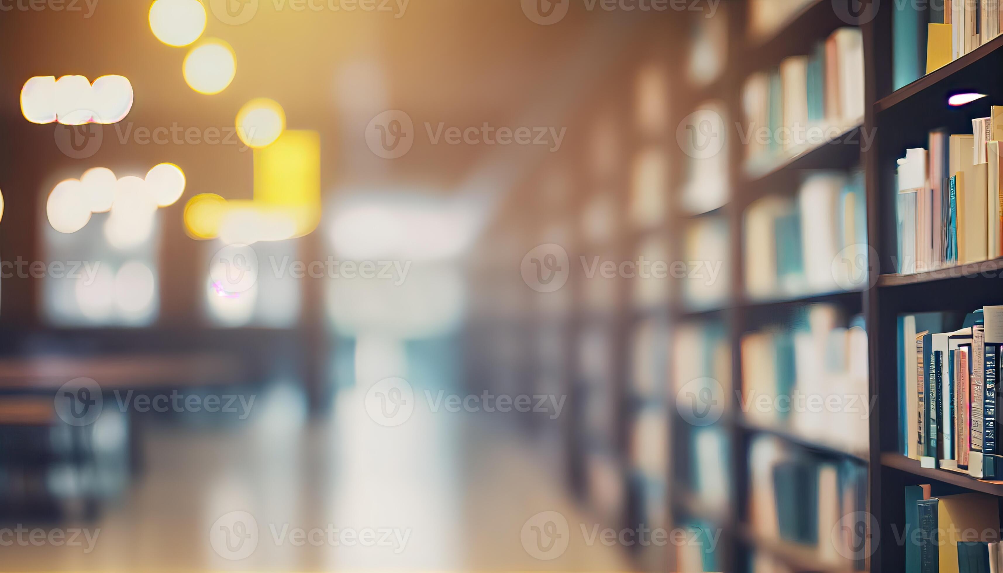 Abstract blurred public library interior space. blurry room with bookshelves by defocused effect ...