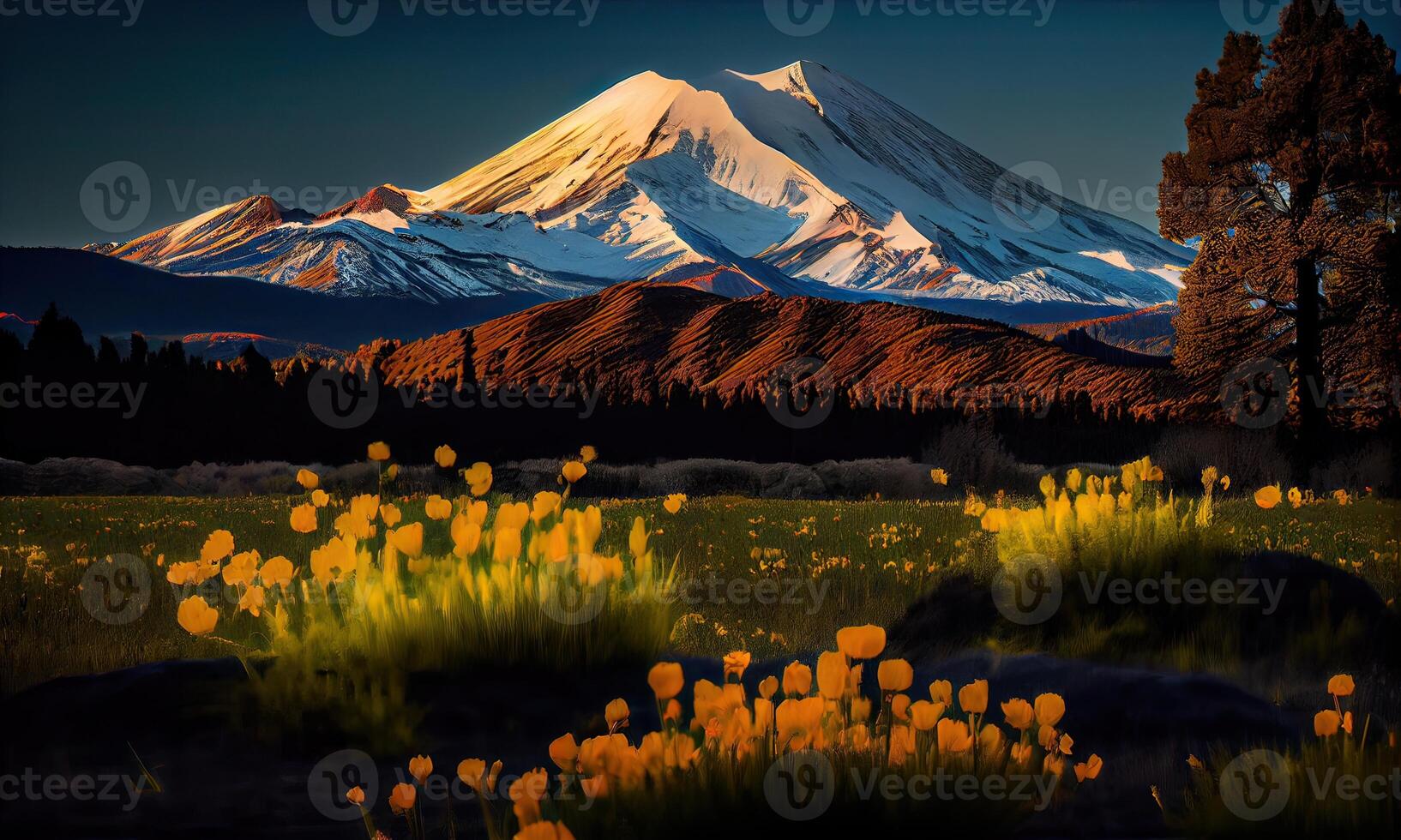 Scenic panoramic view of idyllic rolling hills landscape with blooming ...