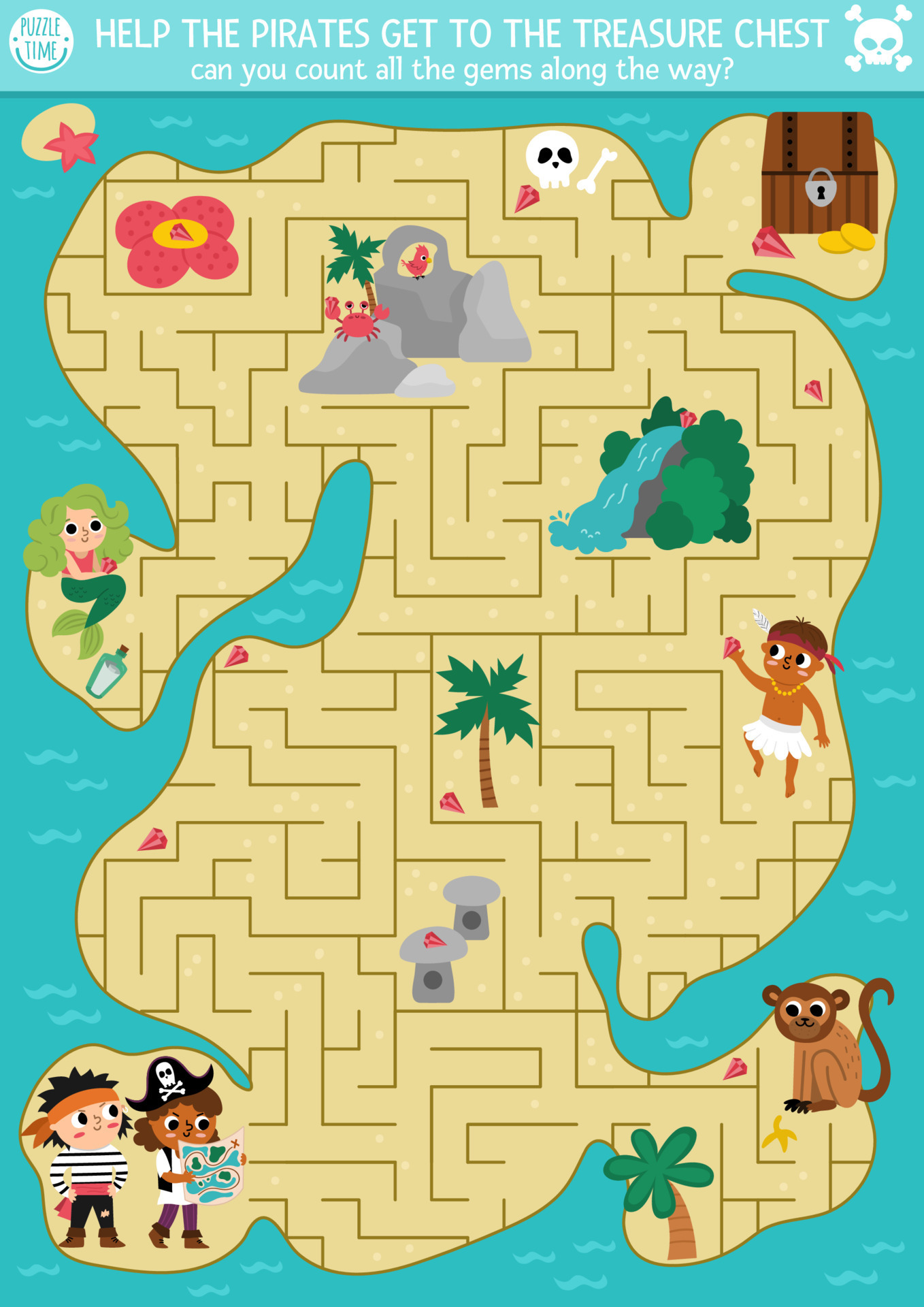 Pirate maze for kids with tropical treasure island and cute kid pirates ...