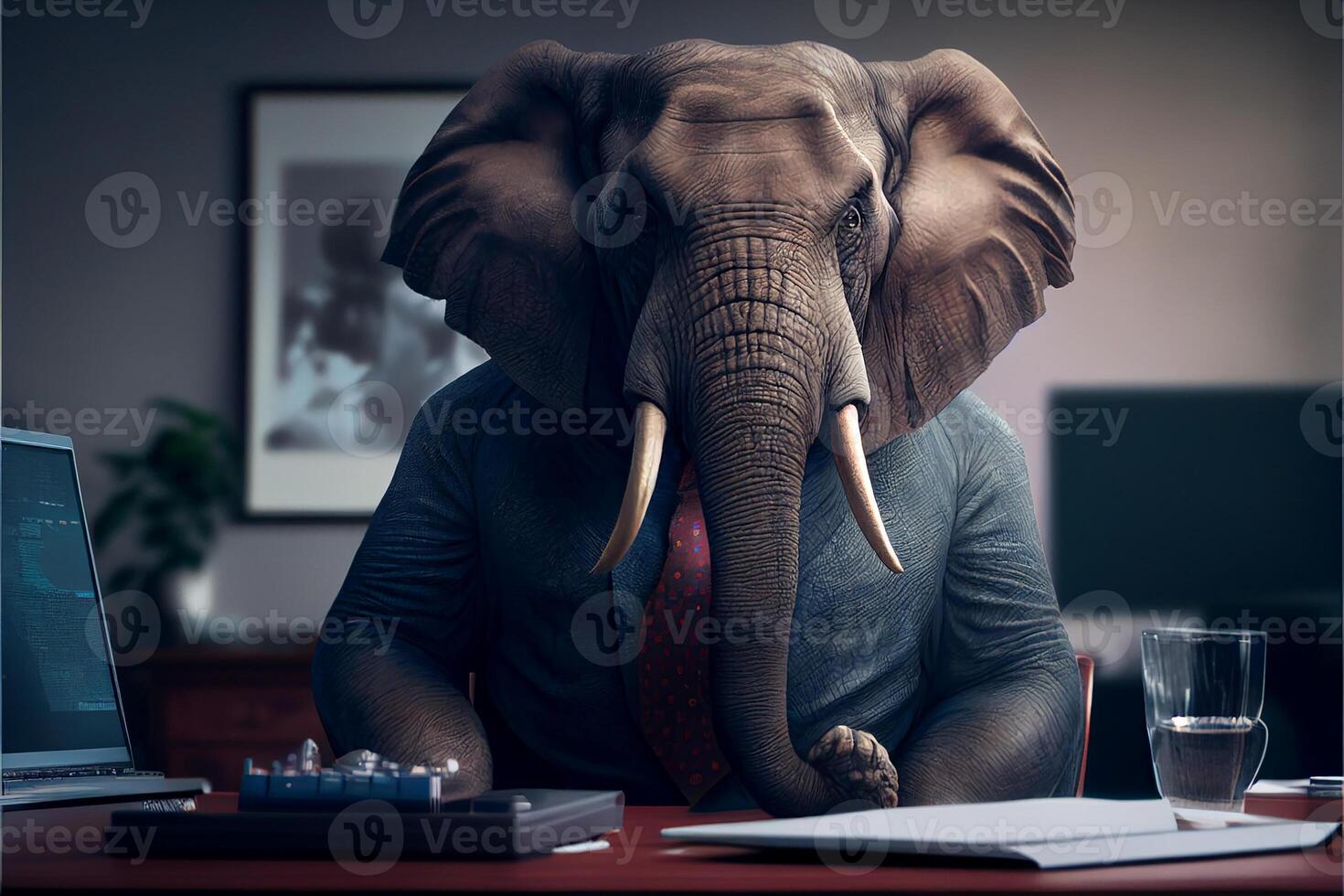 An elephant in an office suit sits at his desk working on his computer ...