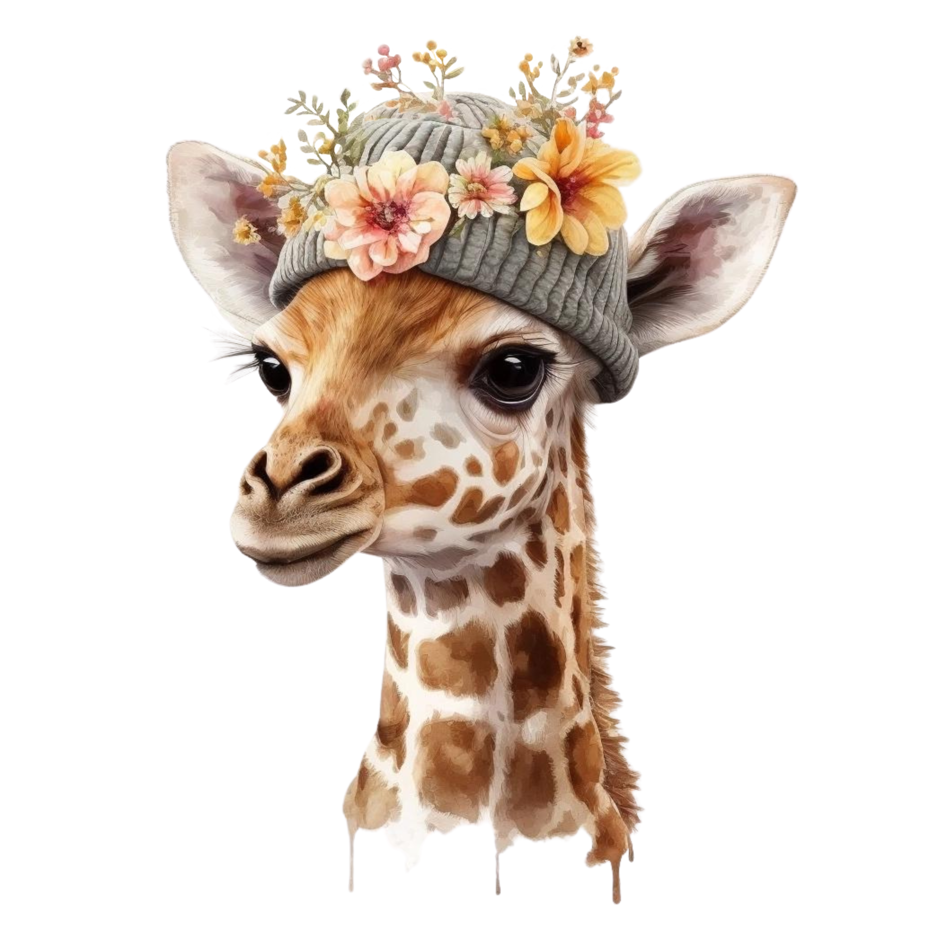 Cute Giraffe With Floral Knitted Hat Watercolor Painting Style 22597741 PNG