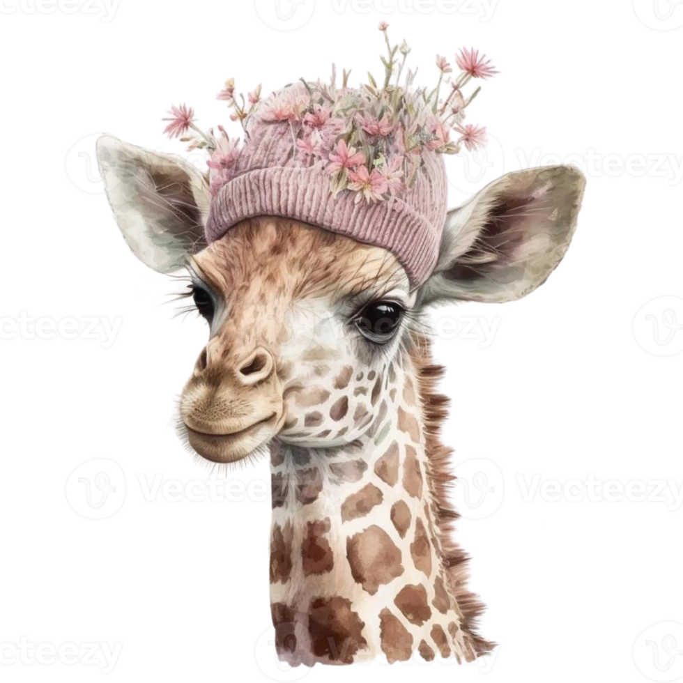 Cute Giraffe With Floral Knitted Hat Watercolor Painting Style 22597744 PNG