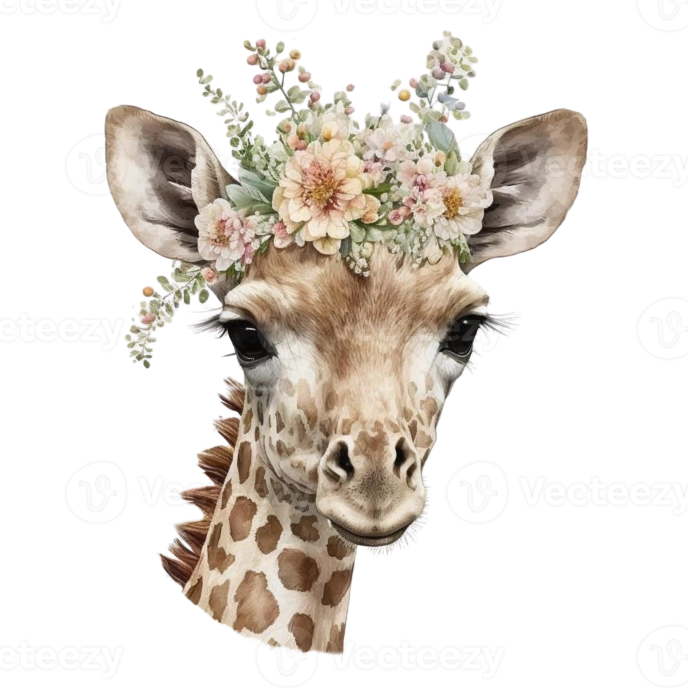 Cute Giraffe With Floral Knitted Hat Watercolor Painting Style 22597750 PNG