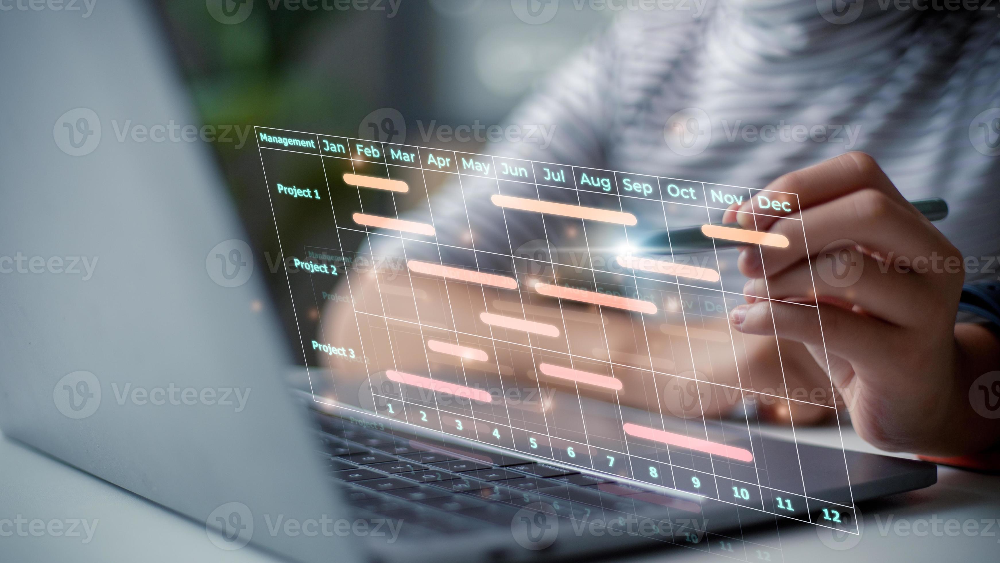 Business Project Management System. Project manager working on laptop ...