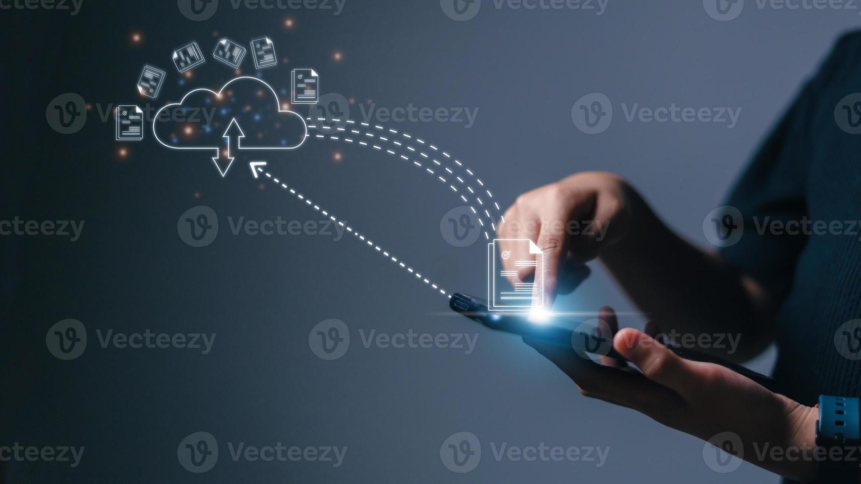 Uploading documents from folder. Open File folder with flying blank documents. Data transfer ...