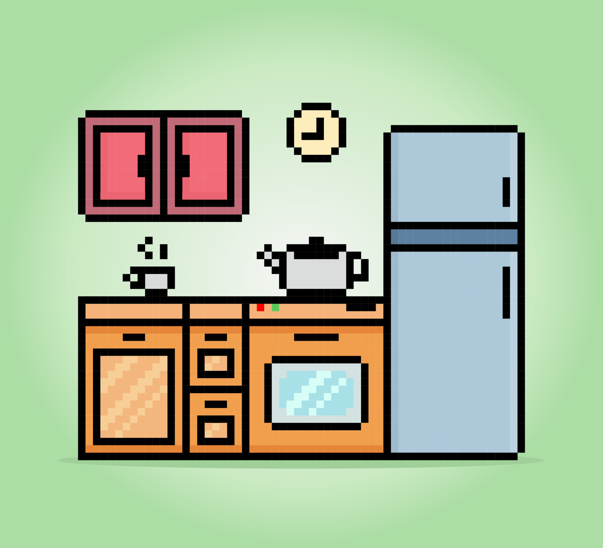 8 poco píxel cocina conjunto mesa, refrigerador y café tetera en vector ilustraciones para juego ...