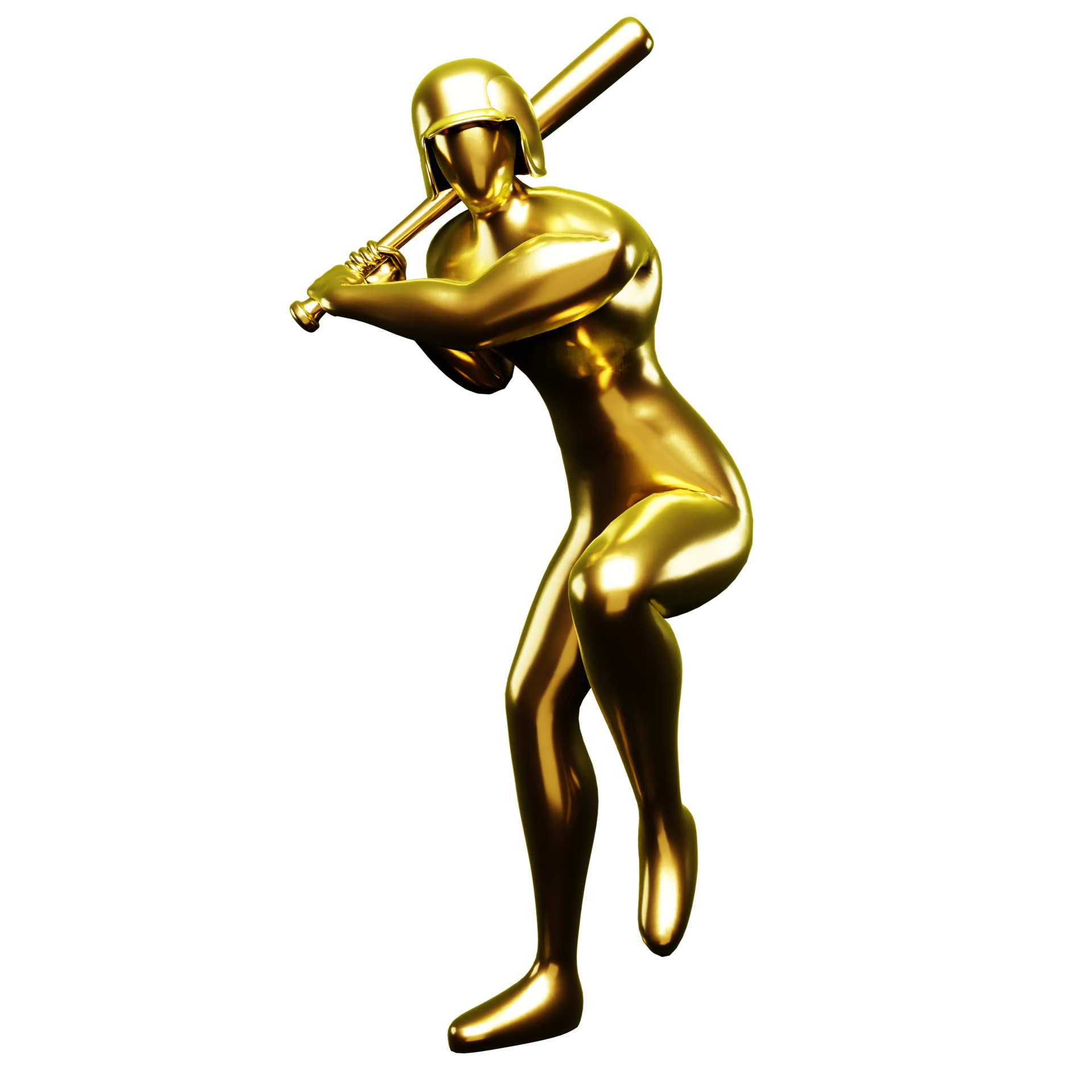 3d Gold Baseball Player Clip Art Holding Up With A Baseball Bat While Lifting One Leg Viewed