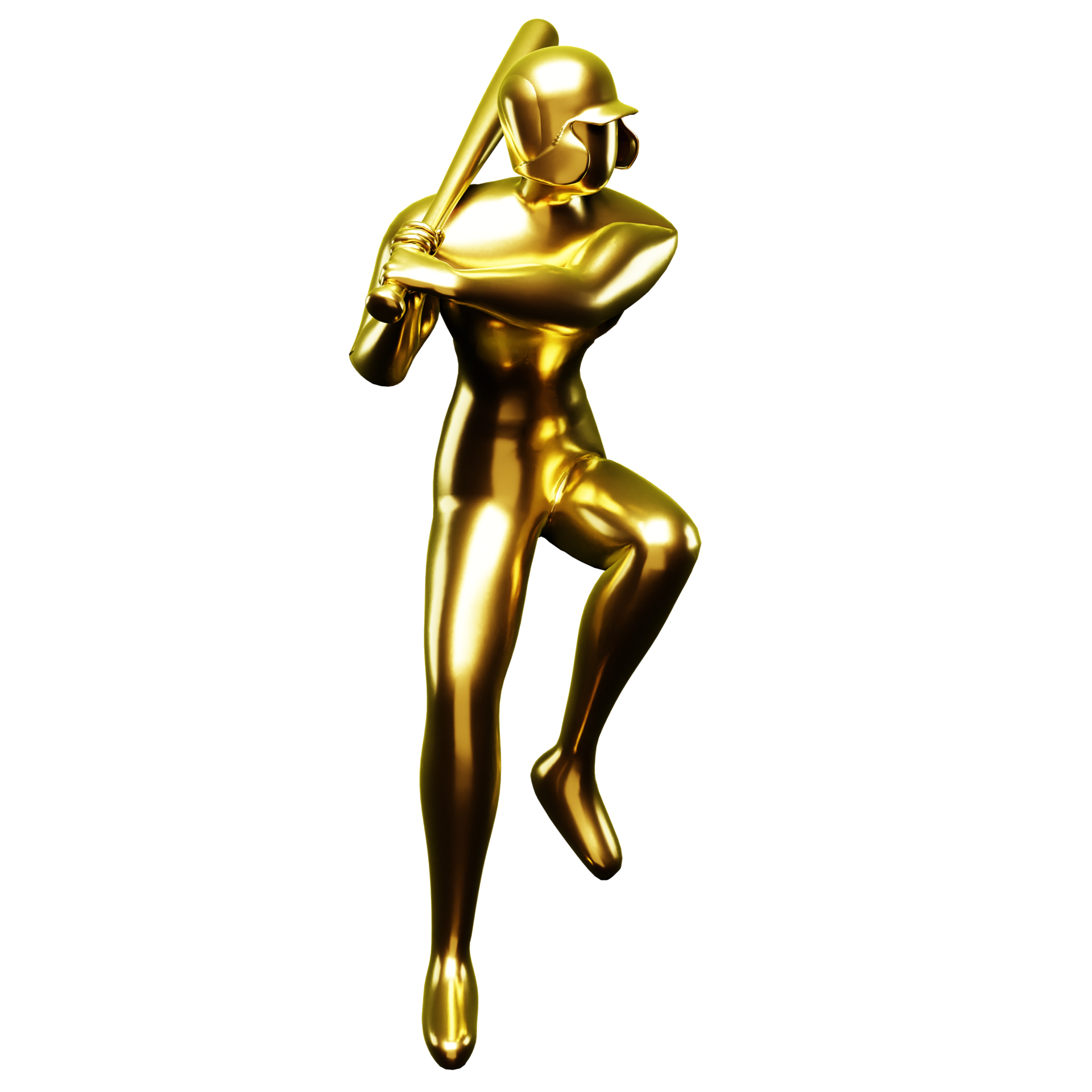 3d Gold Baseball Player Clip Art Holding Up With A Baseball Bat While Lifting One Leg Viewed