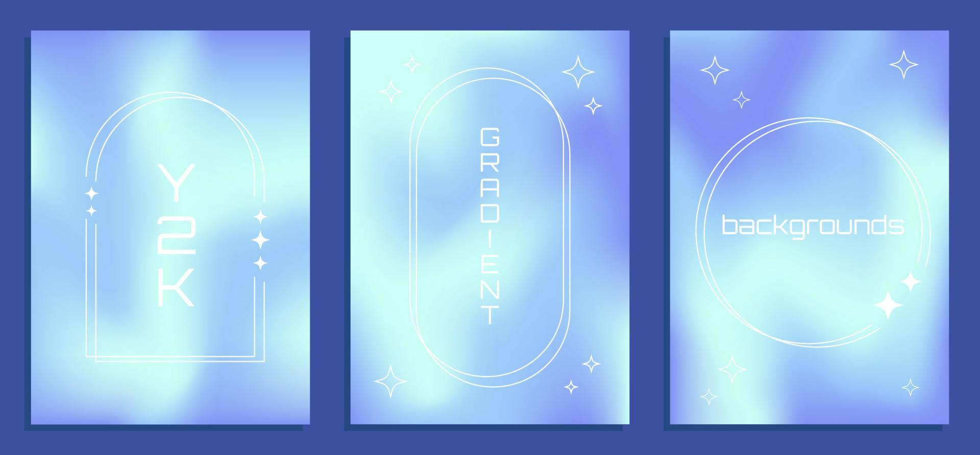 Y2k three vector blue gradient backgrounds with white frames with stars, retro collection ...
