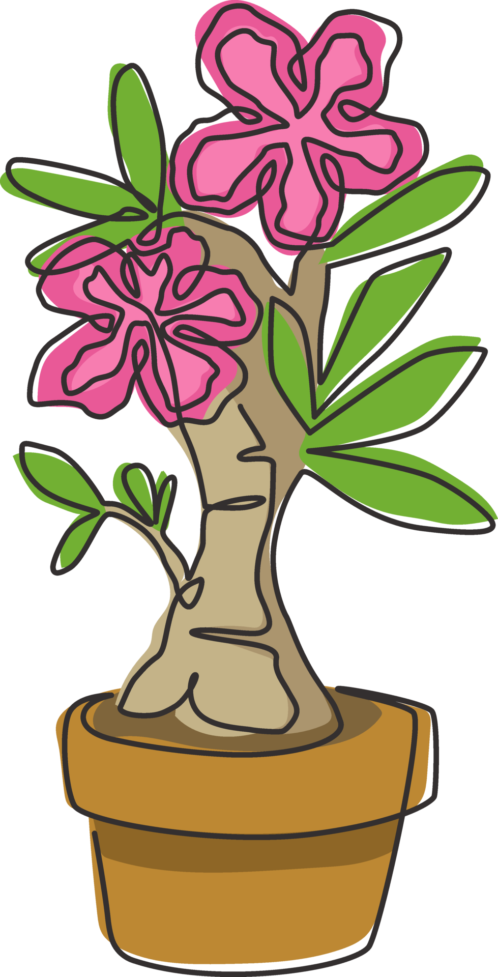 One Single Line Drawing Of Fresh Beauty Potted Adenium For Garden Logo