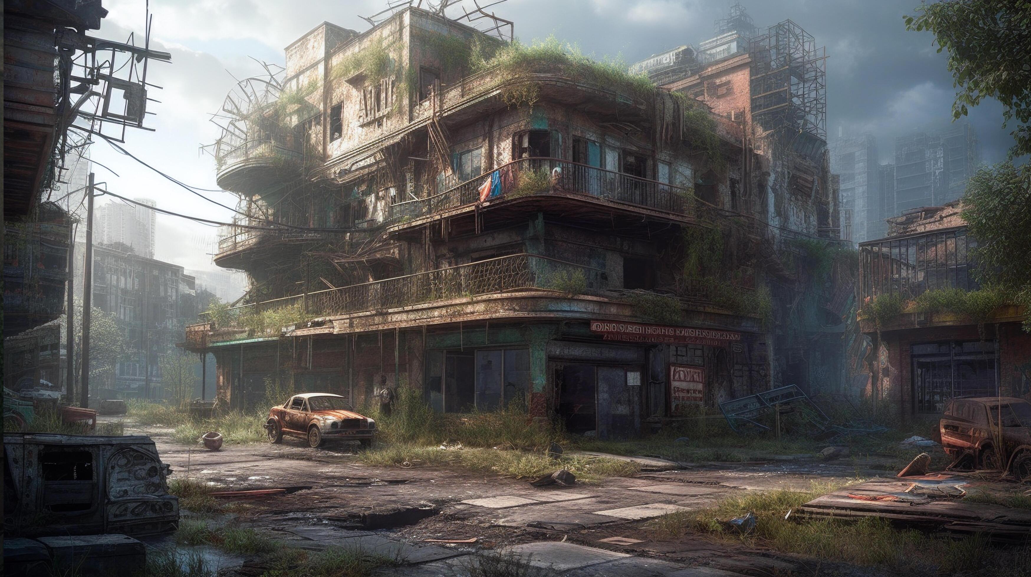 Post-apocalyptic ruined city. Destroyed buildings, burnt-out vehicles ... Post-apocalyptic ruined city. Destroyed buildings, burnt-out vehicles ...