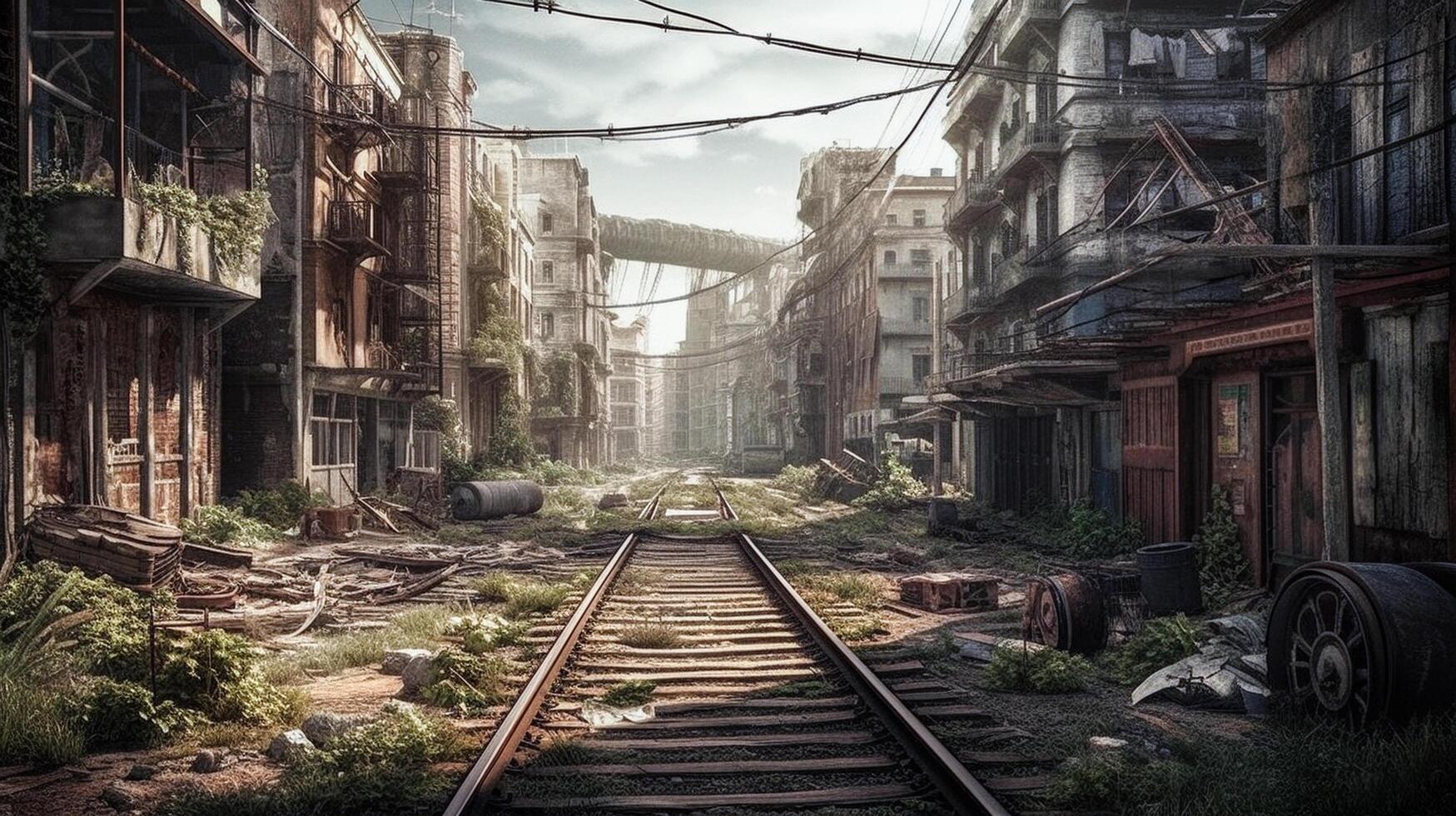 Post-apocalyptic ruined city. Destroyed buildings, burnt-out vehicles ... Post-apocalyptic ruined city. Destroyed buildings, burnt-out vehicles ...