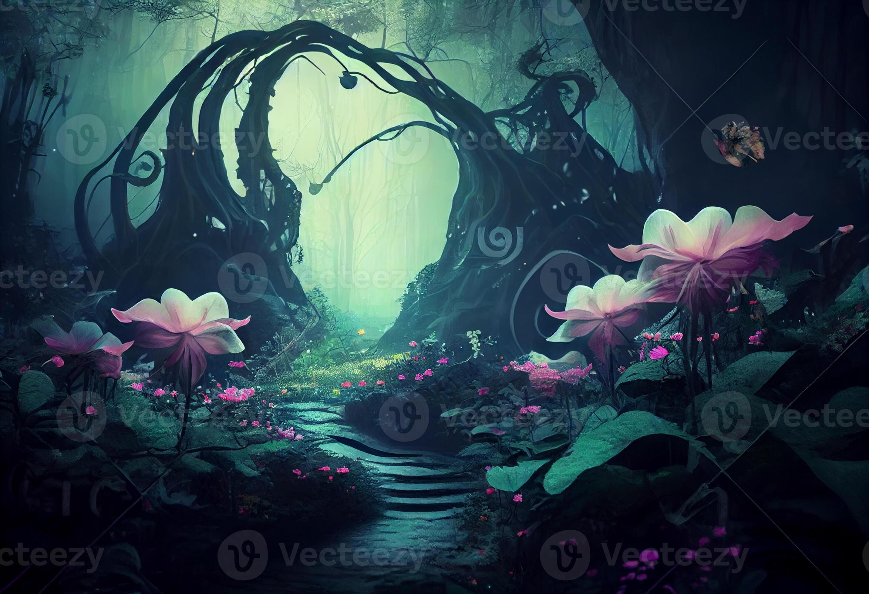 Photo fantasy landscape magical forest background with big flower ... Photo fantasy landscape magical forest background with big flower ...