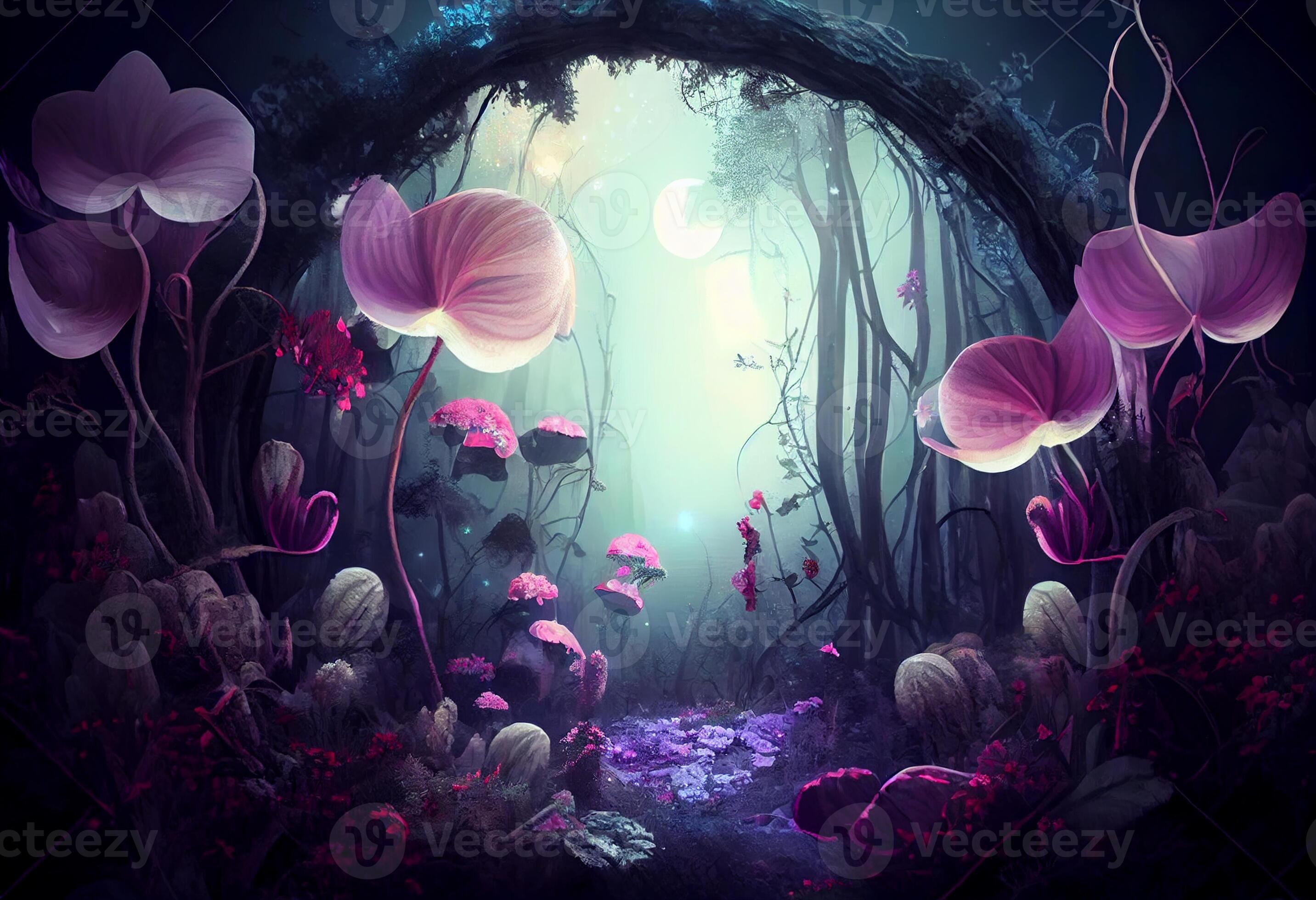 Photo fantasy landscape magical forest background with big flower ... Photo fantasy landscape magical forest background with big flower ...
