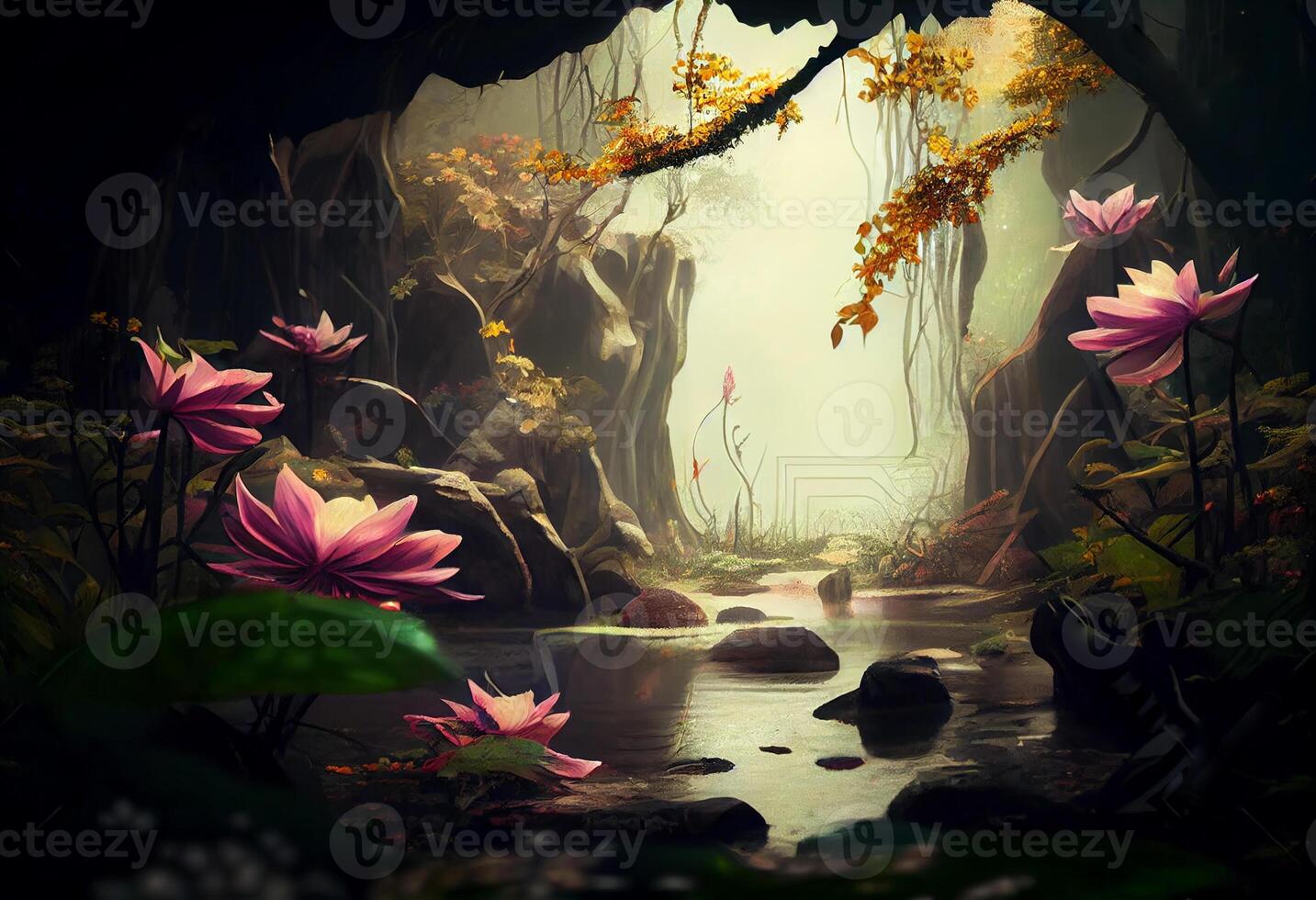 Photo fantasy landscape magical forest background with big flower ... Photo fantasy landscape magical forest background with big flower ...