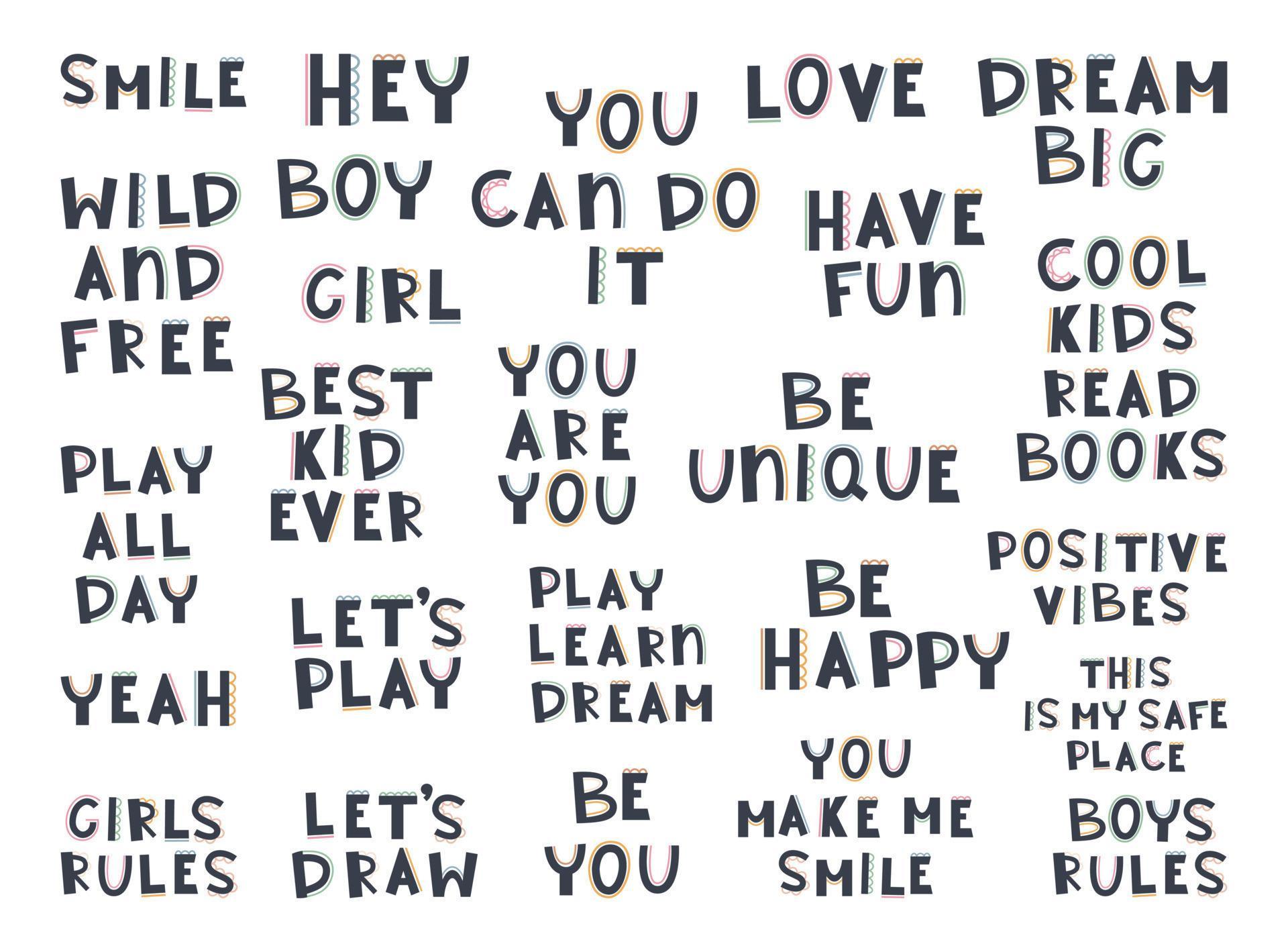 Cute hand drawn phrases with rainbow, sun, stars, cloud in boho style. Cartoon doodle print for ...