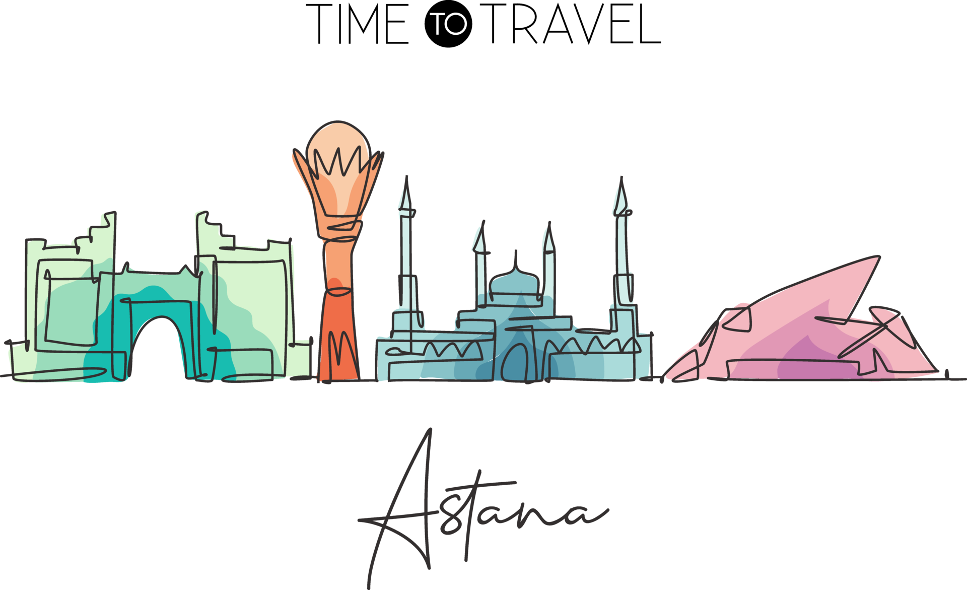 un dibujo de línea continua del horizonte de la ciudad de astana, kazajstán. hermoso hito ...