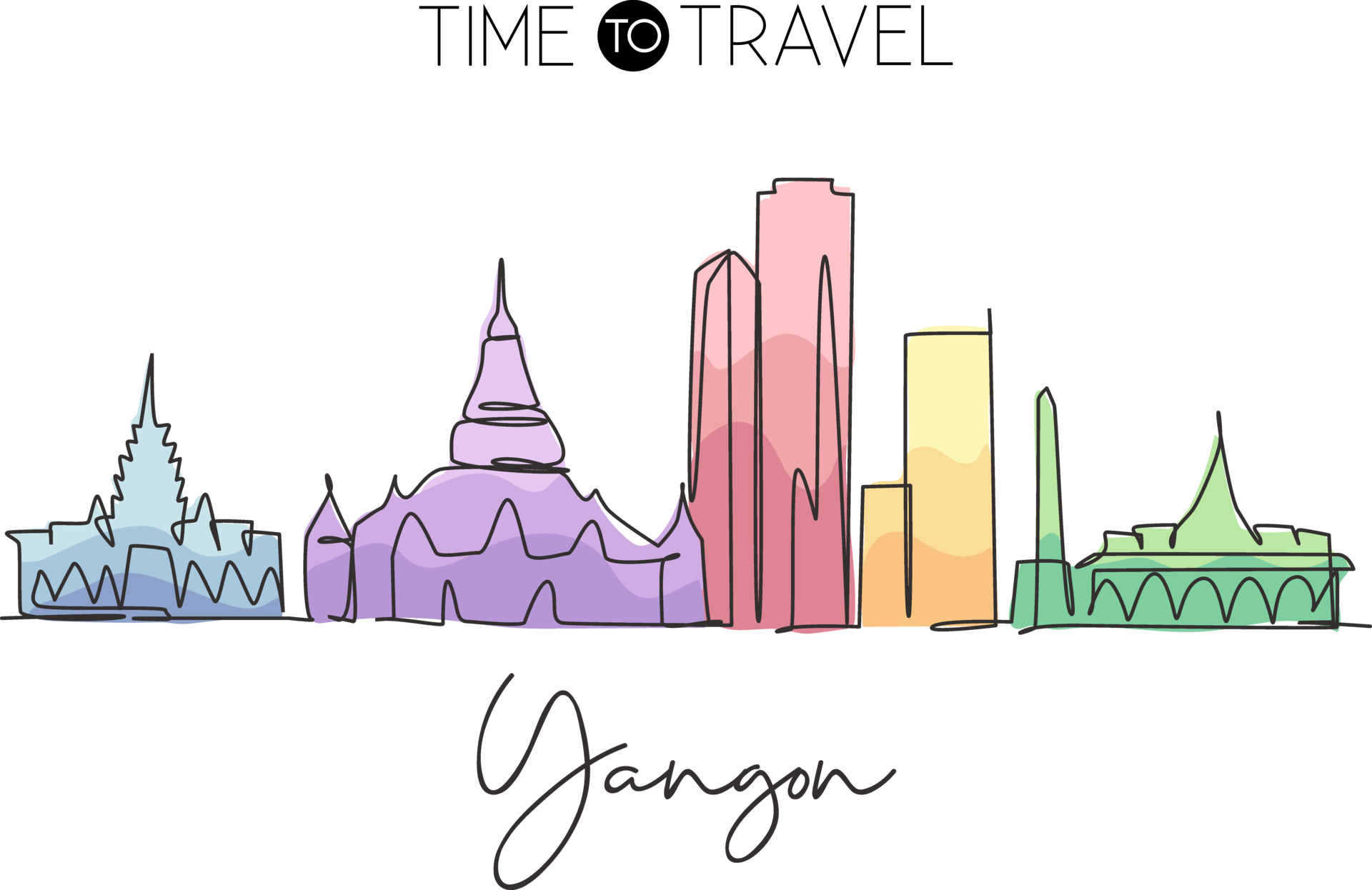 enkele doorlopende lijntekening van de skyline van de stad yangon, myanmar. beroemde stad ...