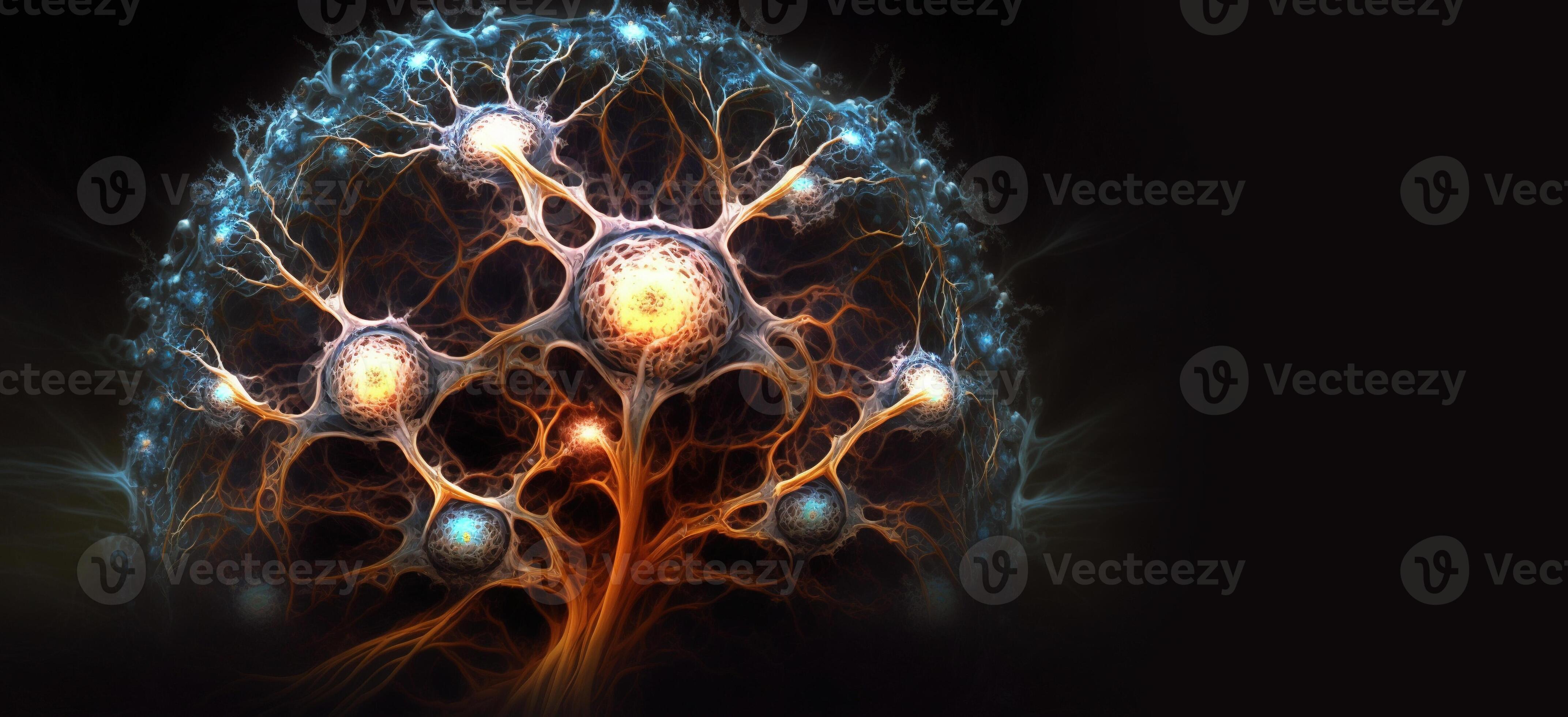 , Conceptual illustration of neuron cells with glowing link knots in abstract dark space, high ...