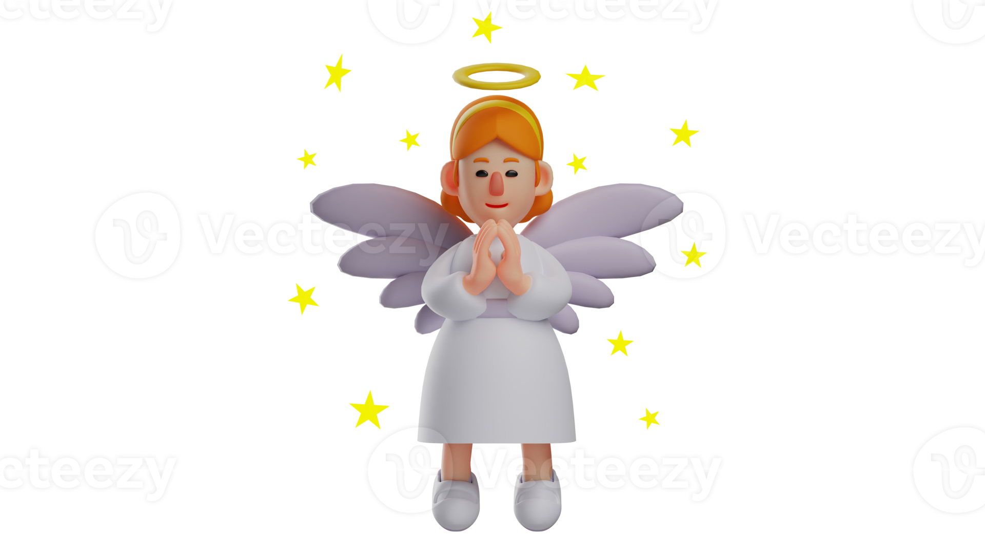 3D illustration. Charming angel 3D Cartoon Character. beautiful angel smiles and clasps her ...