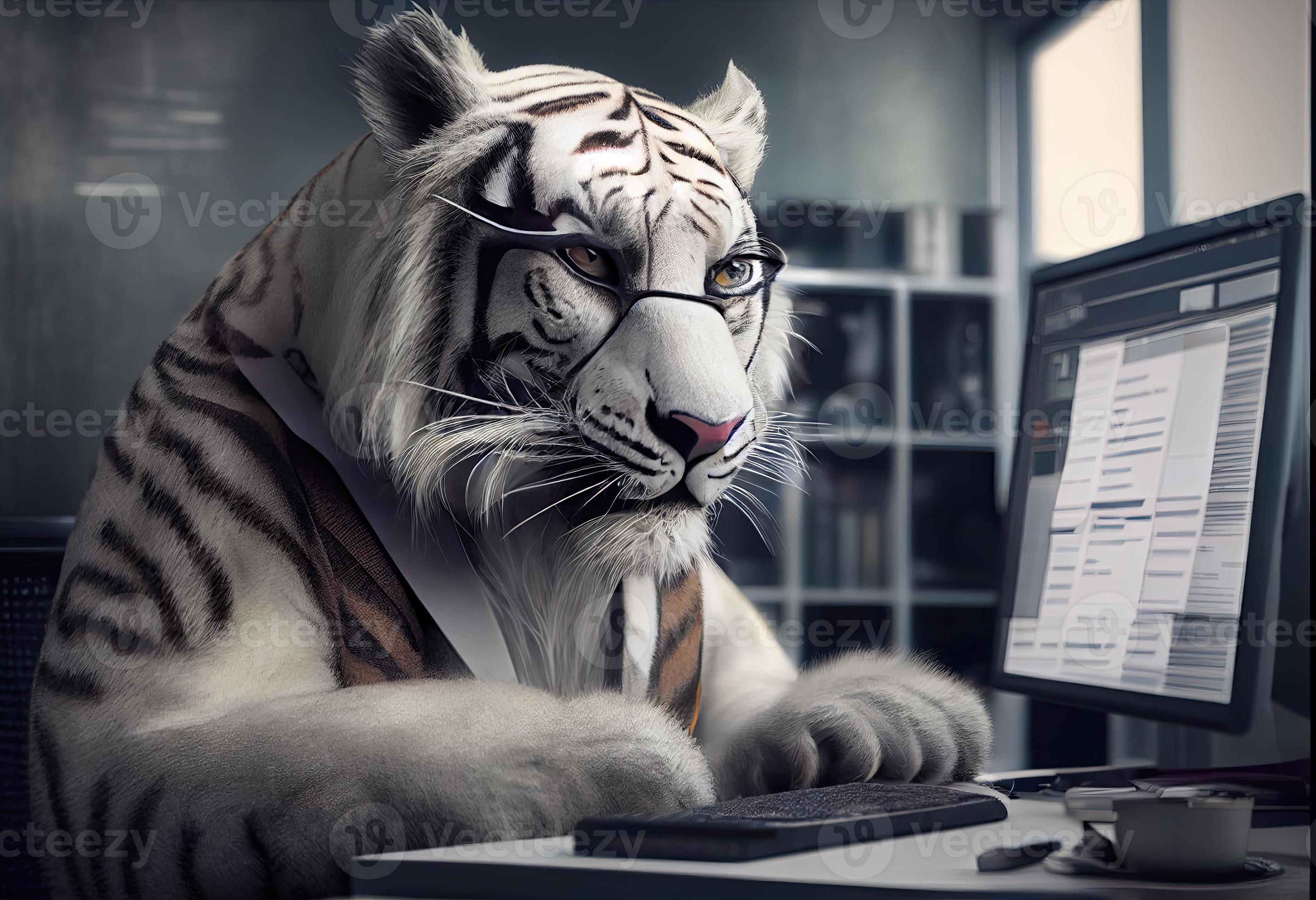 Portrait of an anthropomorphic white tiger as a developer in the office ...