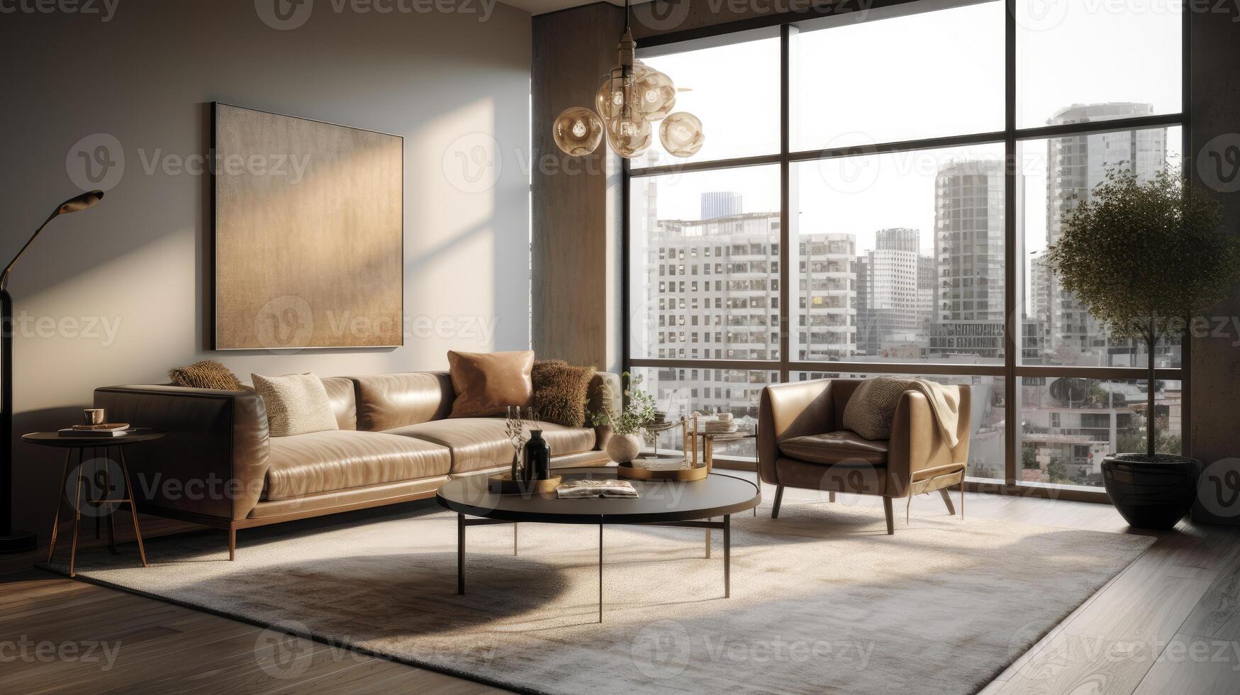 Opulent Luxury Living Room, Panoramic City View, Modern Furniture and ... Opulent Luxury Living Room, Panoramic City View, Modern Furniture and ...