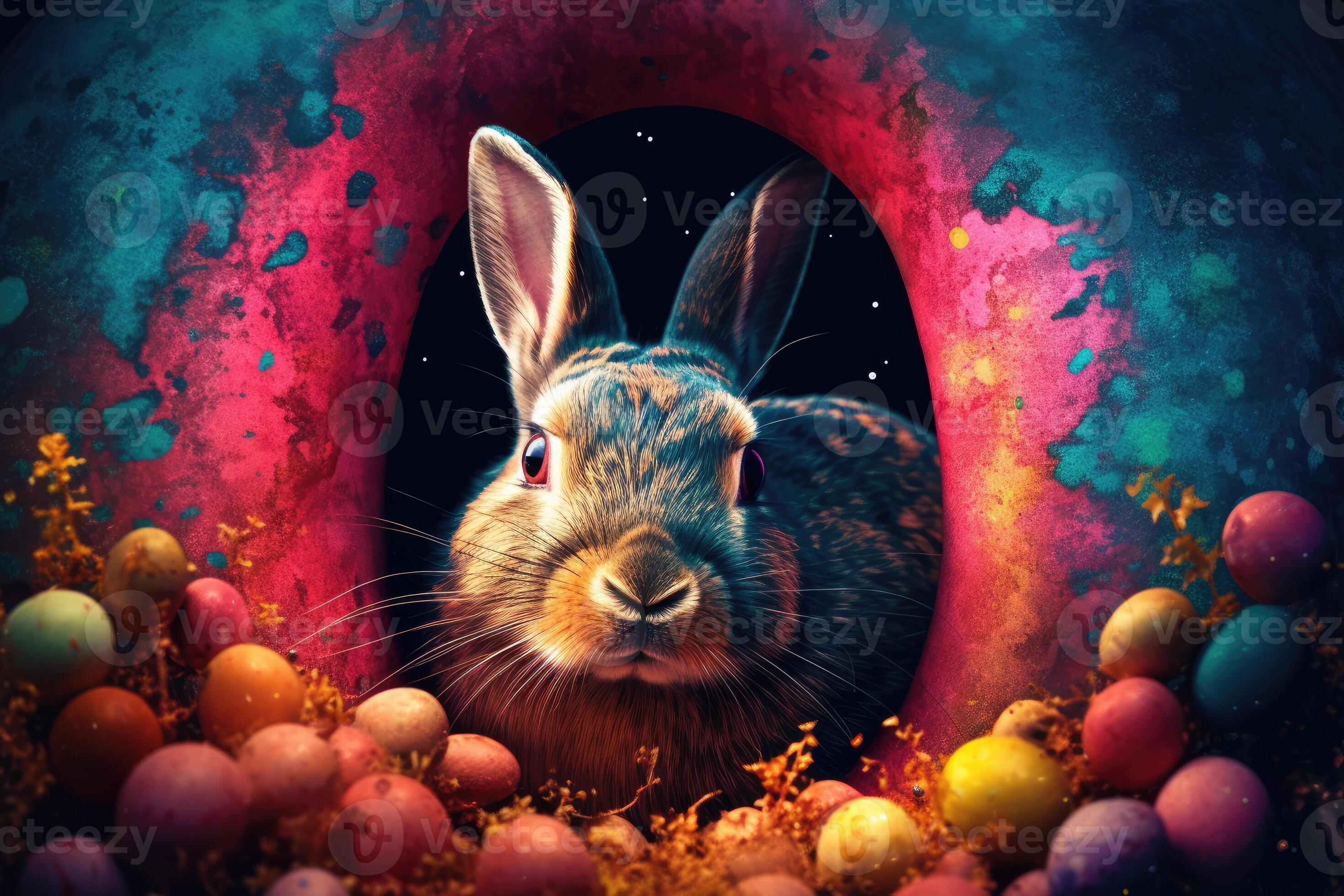 Easter Bunny and Colorful Easter Eggs Background. Digital Painting ...