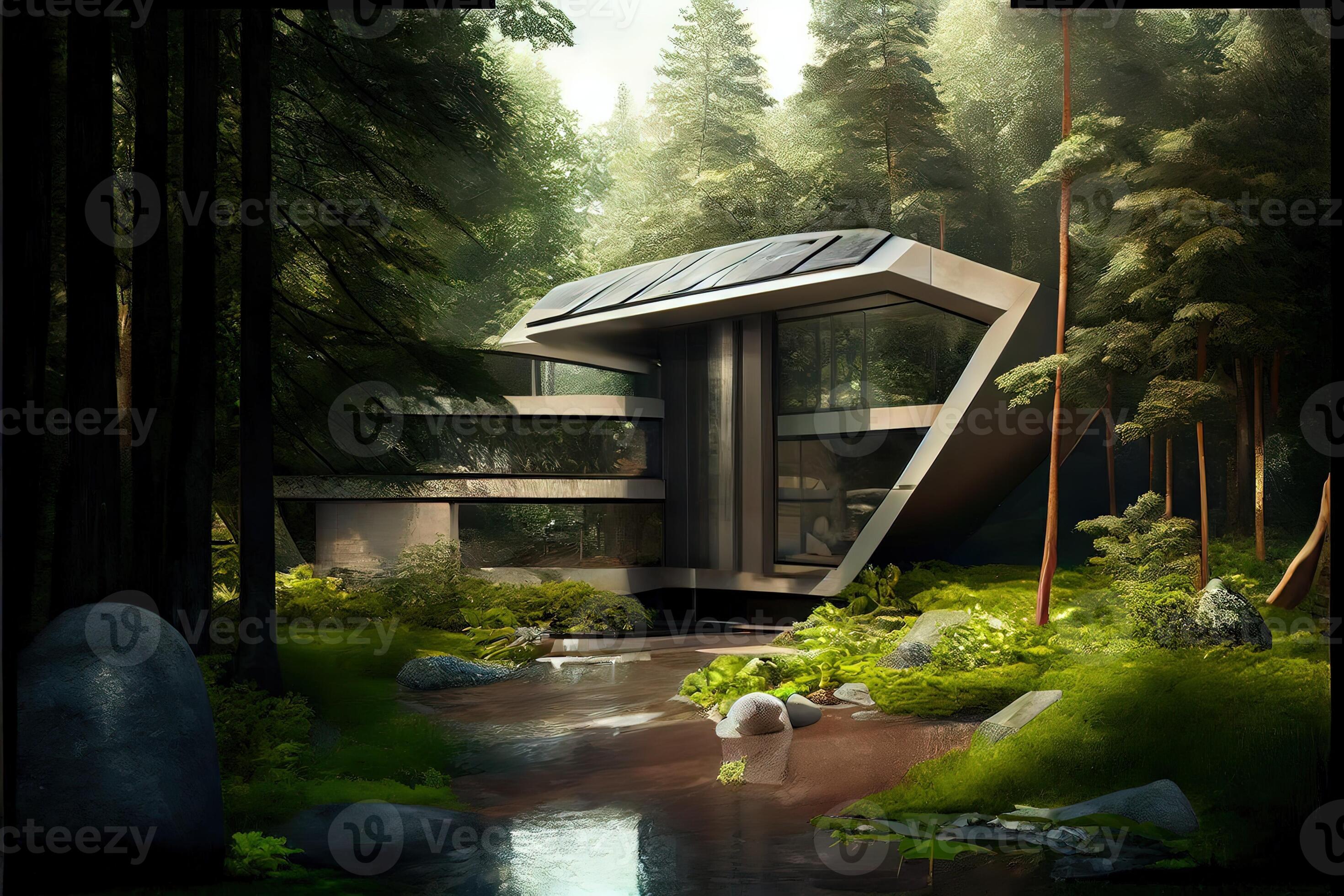 illustration of A prototype architectural design for a futuristic, eco-friendly home, with a ...