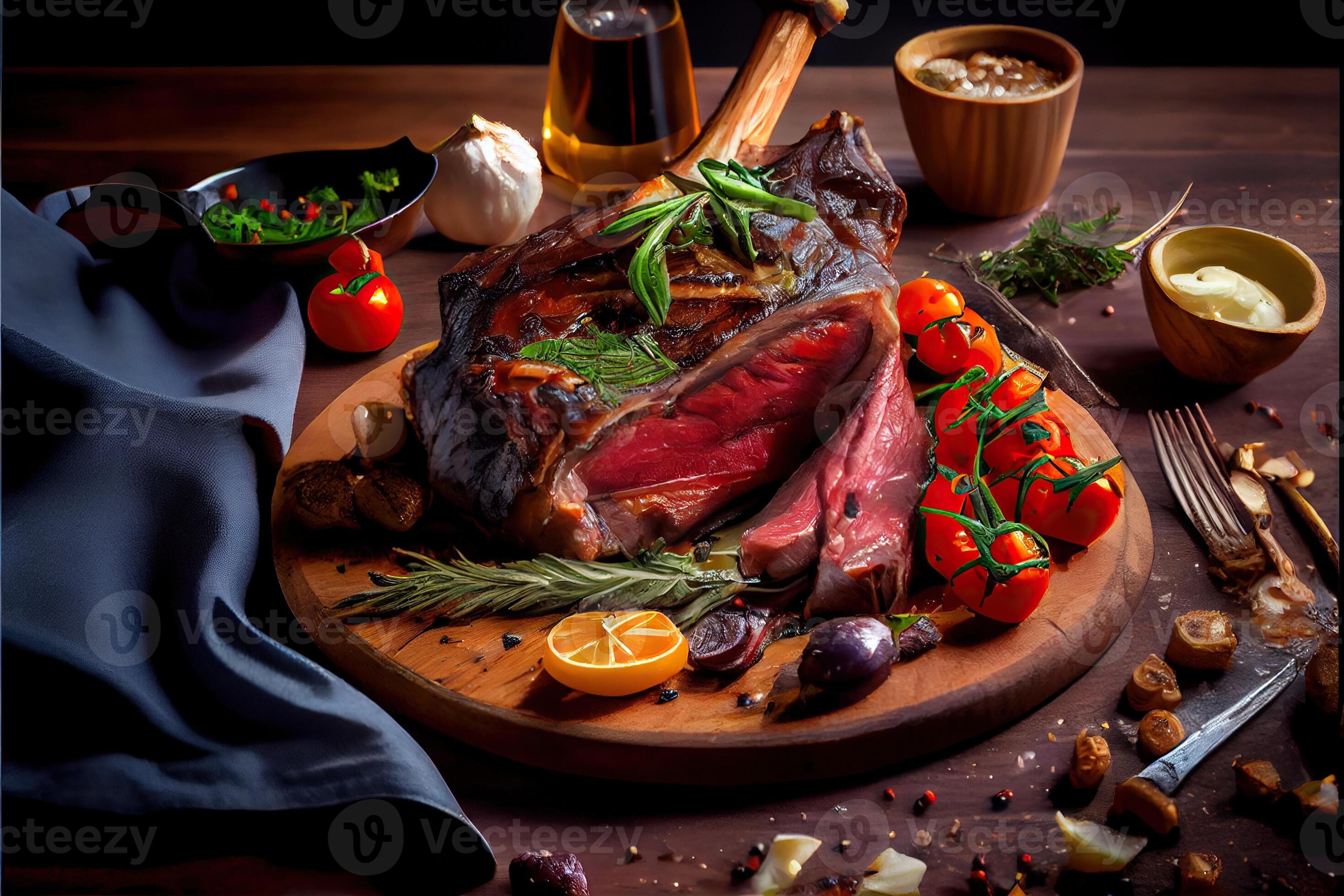 illustration of freshly grilled tomahawk steaks on wooden cutting board ...