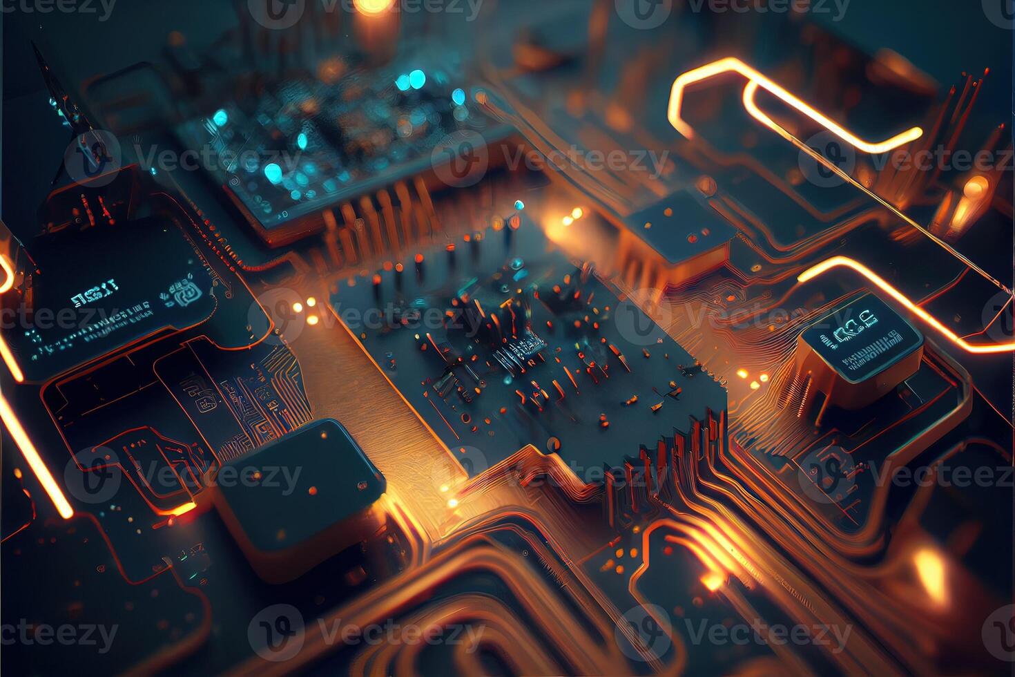 Illustration Of Macro Shot Of Circuit Cyberspace Board With Computer Motherboard Component