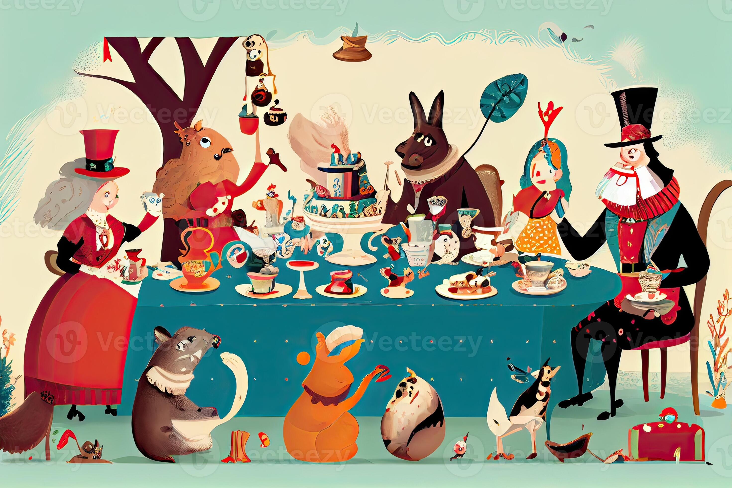 illustration of a whimsical tea party scene with a variety of talking ...